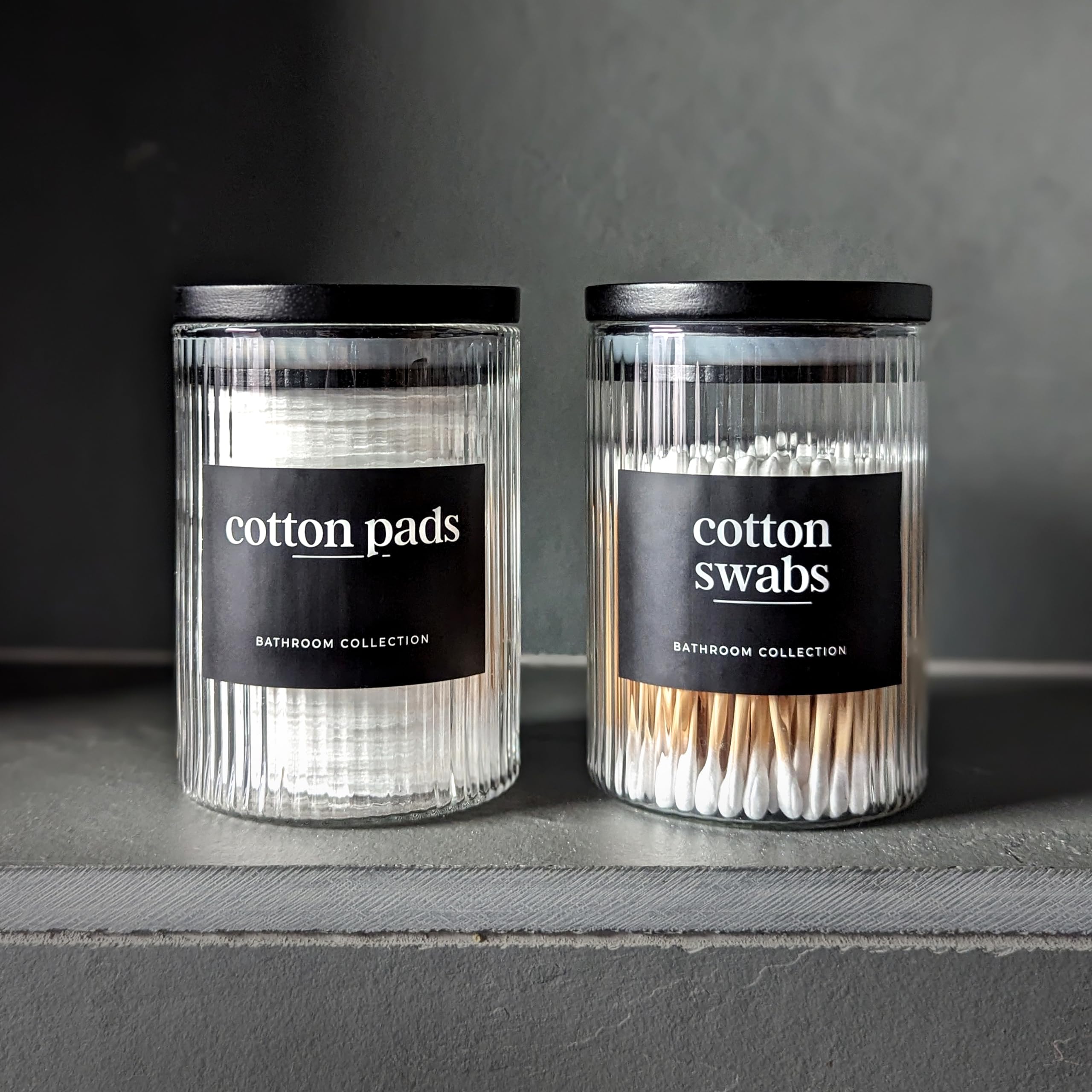 Mason & Fable Ribbed Glass Bathroom Jars with Airtight Black Bamboo Lids | Cotton Pad/Swab/Q tip Holder | Bath Salt/Small Makeup/Clear Vanity Apothecary Storage Canister Organizer β 10 fl oz, Set of 2