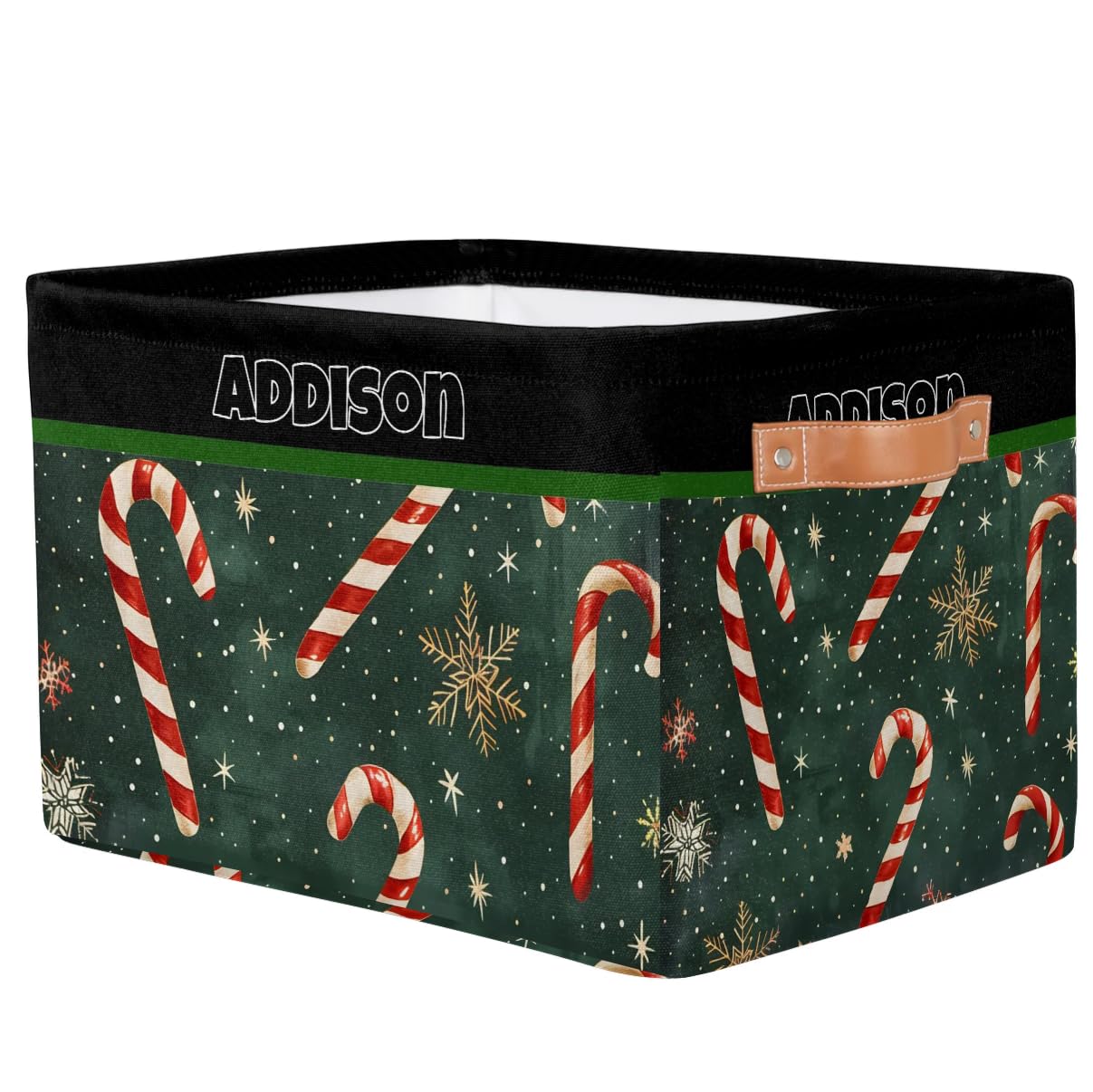 KFNHN Personalized Storage Bins, Customized Name Storage Basket Rectangle Clothes Organizer for Organizing Kids and Pets Toys Shelf Closet, Merry Christmas Green Candy Cane Snowflake