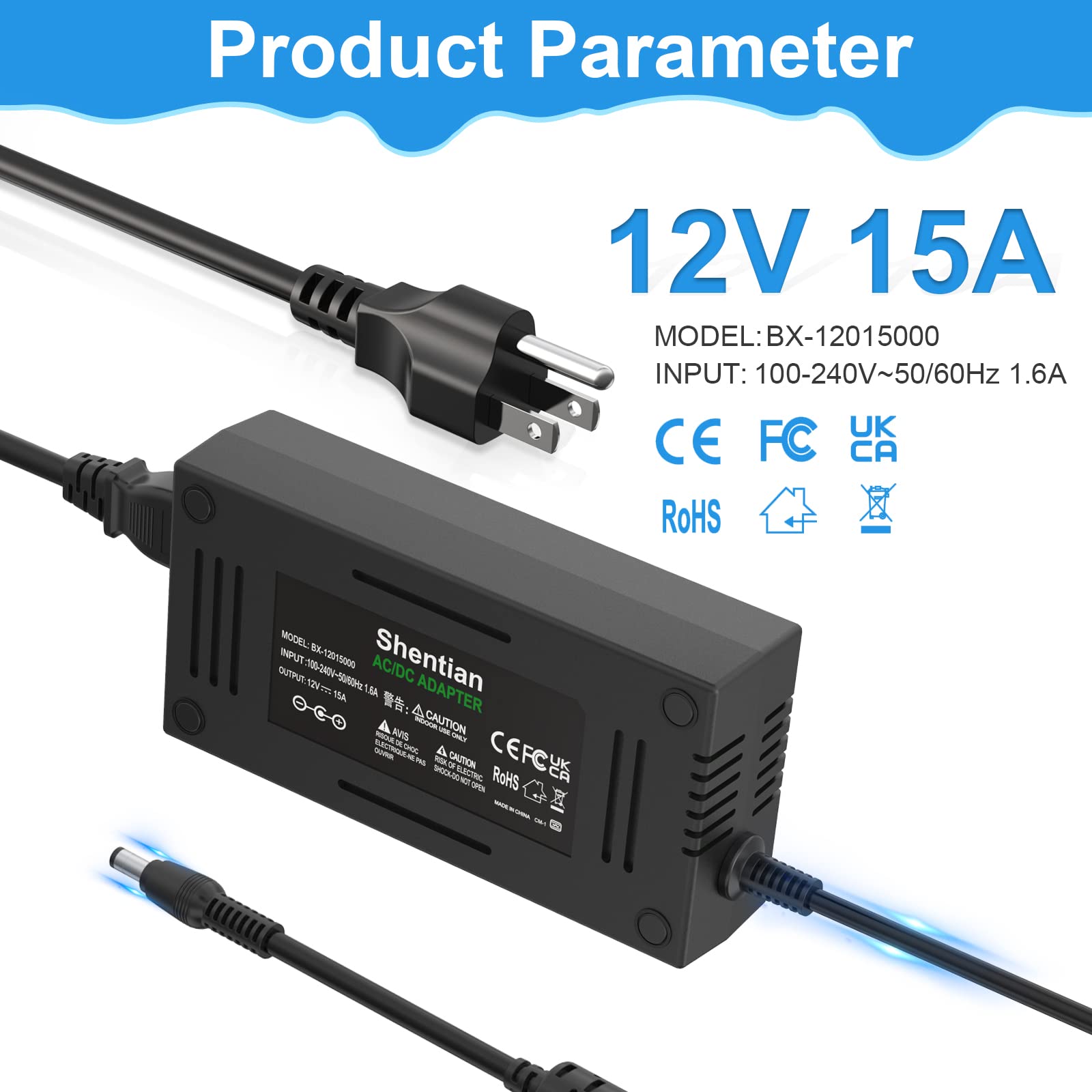 Shentian 100-240V Main to 12V Charger Socket,AC/DC Converter,Power Adapter (12V/15A)