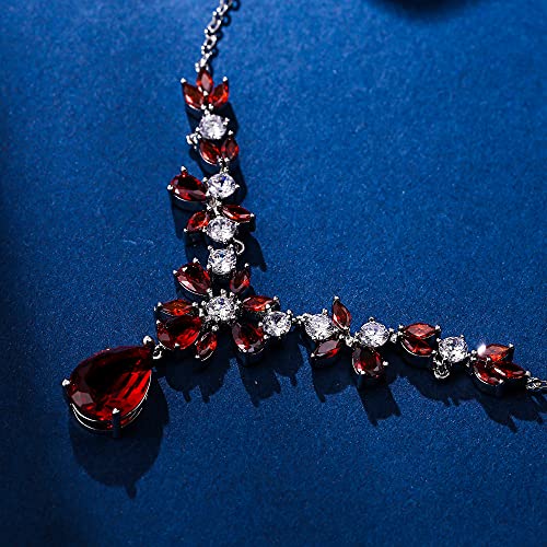 EleQueen Women's Wedding Bridal Jewelry Set for Brides Bridesmaids, Sparkle Cubic Zirconia Teardrop Necklace Dangle Earrings Bracelet Sets for Party Prom Ruby Color
