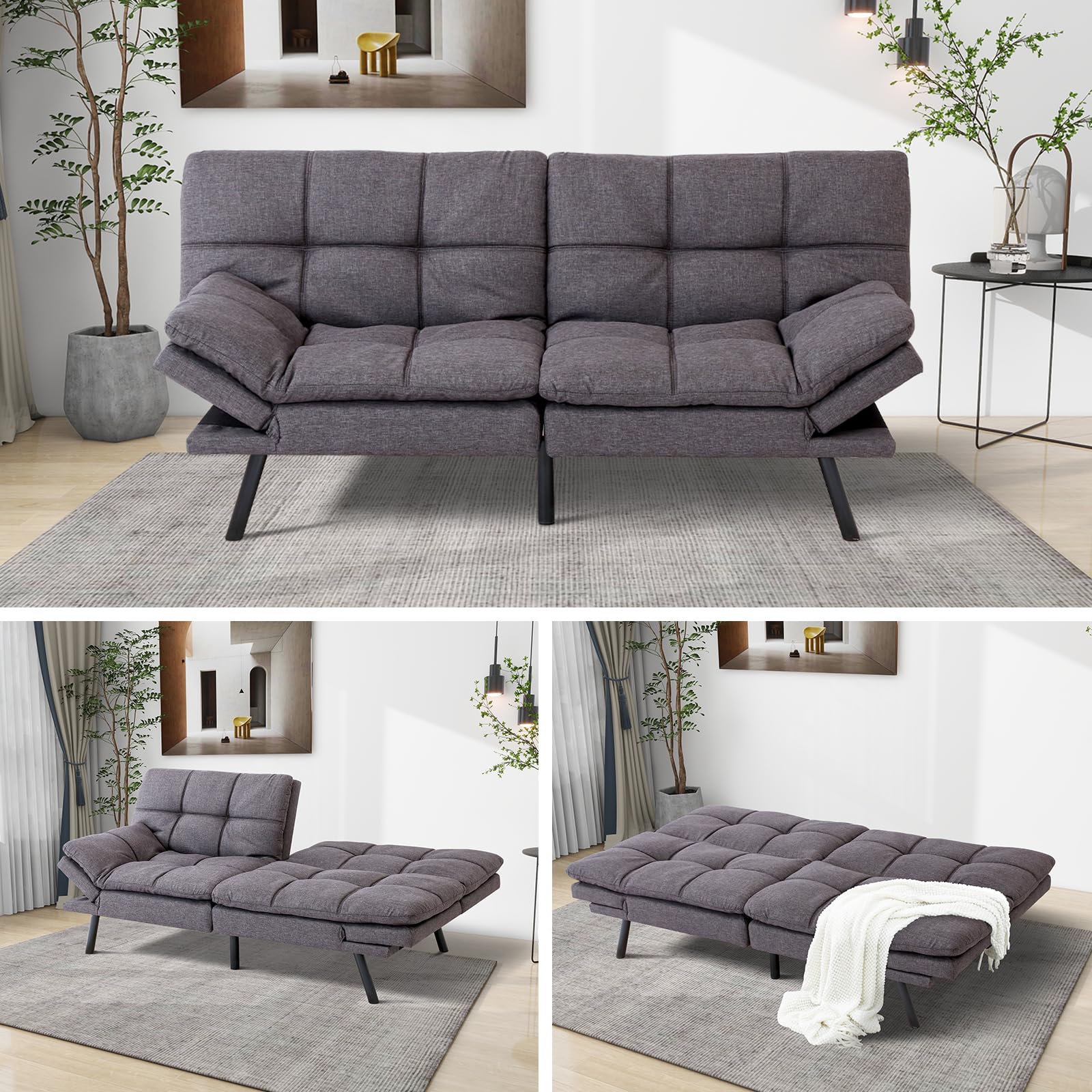 Maxspeed Futon Sofa Bed, Modern Convertible Sleeper Sofa Bed with Adjustable Armrests for Studio, Apartment, Office, Compact Living, Grey