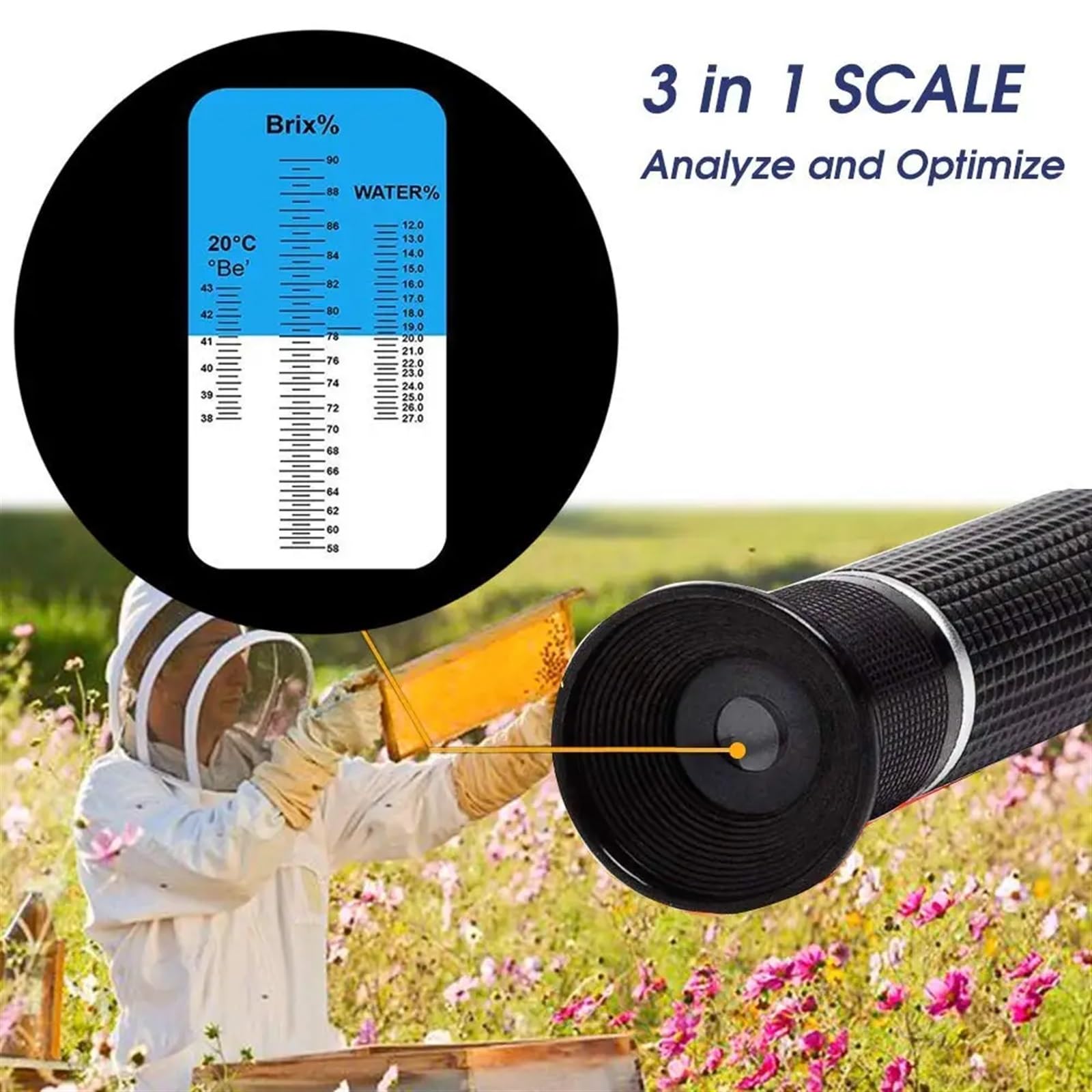 KYKYK Refractometer, 3-in-1 Uses,58-90% Brix Scale Range Honey Moisture Tester Honey Refractometer for Honey Moisture,Brix and Baume, with ATC for Fruit, Homebrewing, Juice, Vegetables
