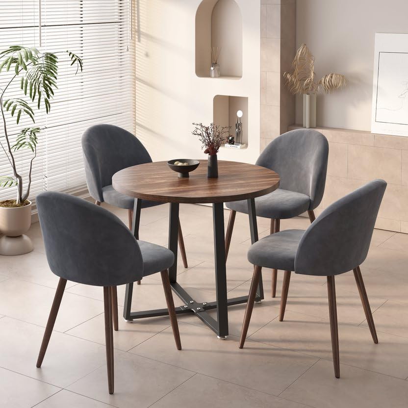 INO Design 5-Pieces Modern 35'' Inch Round Wooden Dining Table Set for 4 Comfortable Velvet Chairs, Space Saving Kitchen Furniture, Small Apartment Coffee Table Set (Grey)