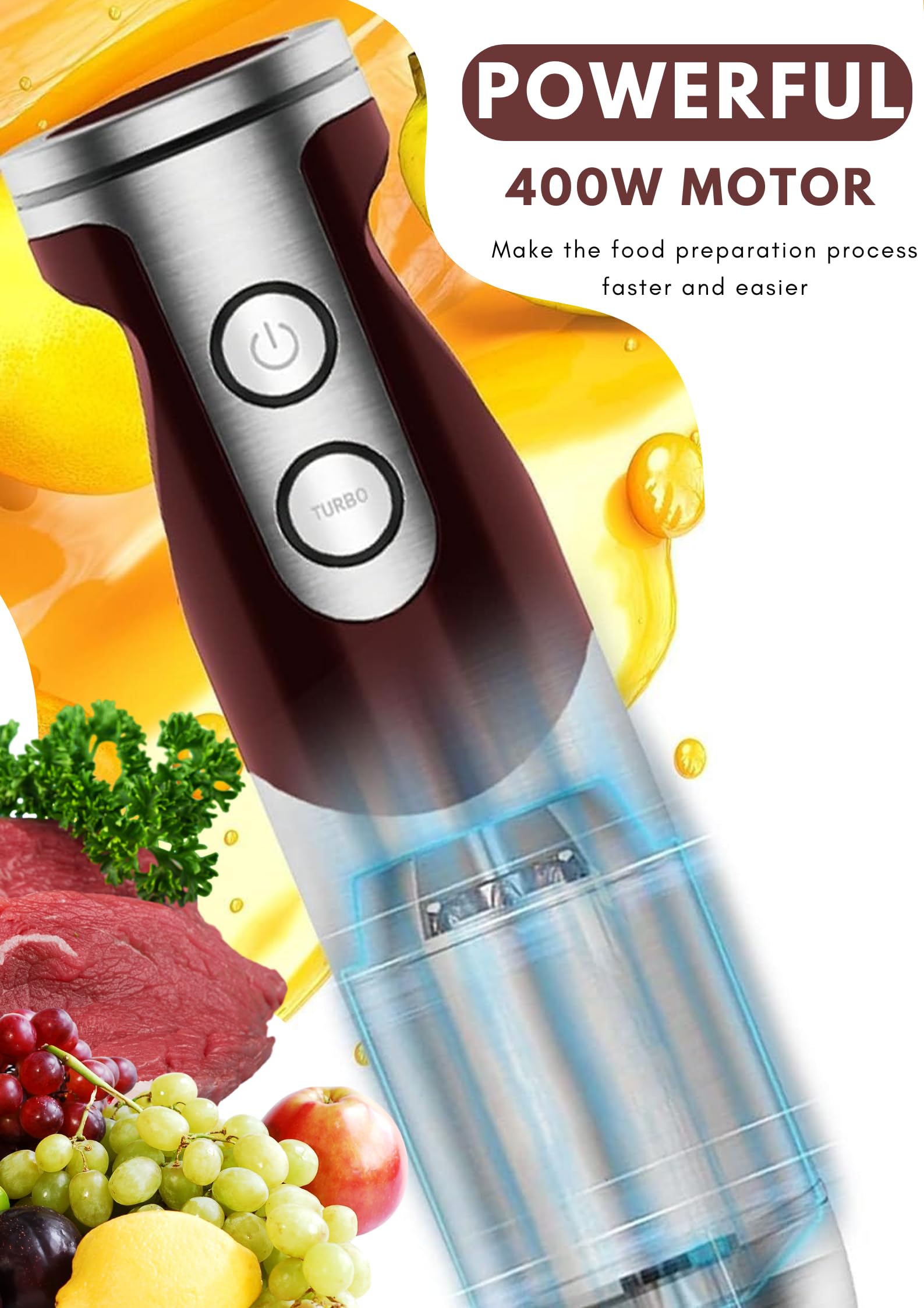 MegaWise 5-in-1 Hand Blender Set with Variable Speed Control, 400W Immersion Blender - Includes Whisk, Milk Frother, Chopper, and Beaker for Smoothies, Soups, and Baby Food (RED)