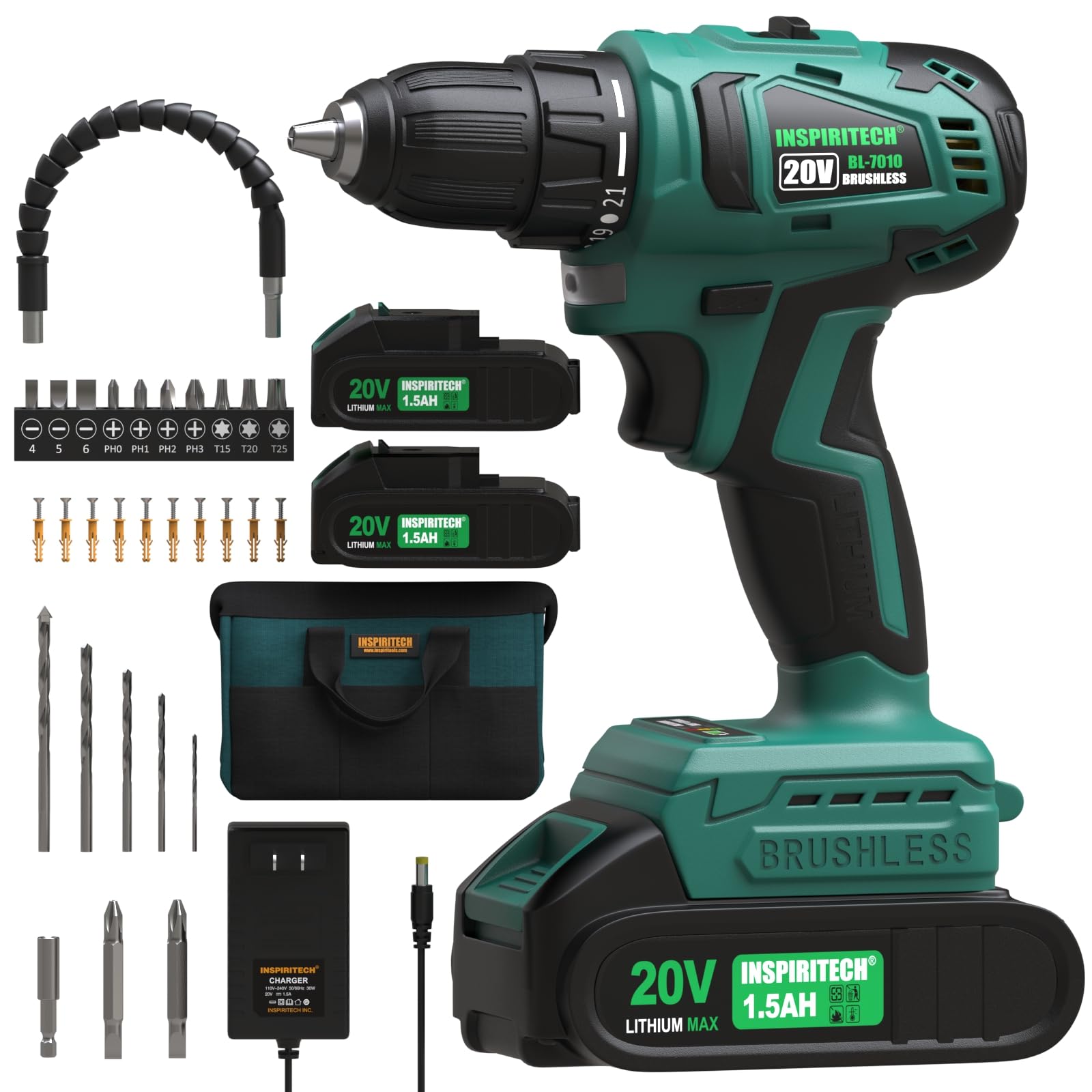 INSPIRITECH 20V Cordless Drill, Brushless Power Drill Set with 2 Batteries and Charger,3/8-Inch Chuck Electric Drill Driver,22 Torque Setting,Drill/Driver Bits and Tool Bag Included