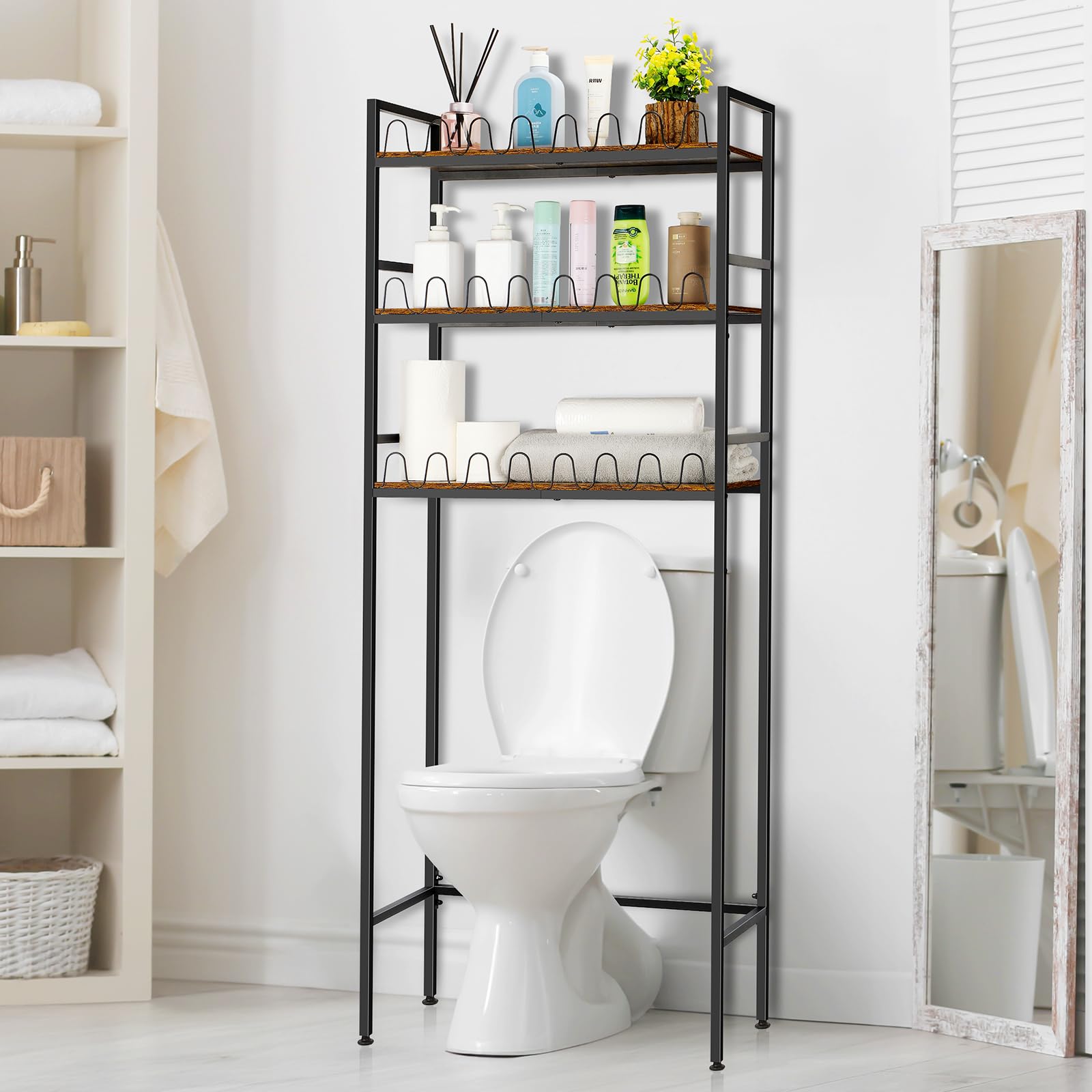 melos 3-Tier Over The Toilet Storage, Bathroom Freestanding Shelves, Space-Saving Bathroom Organizer, Black