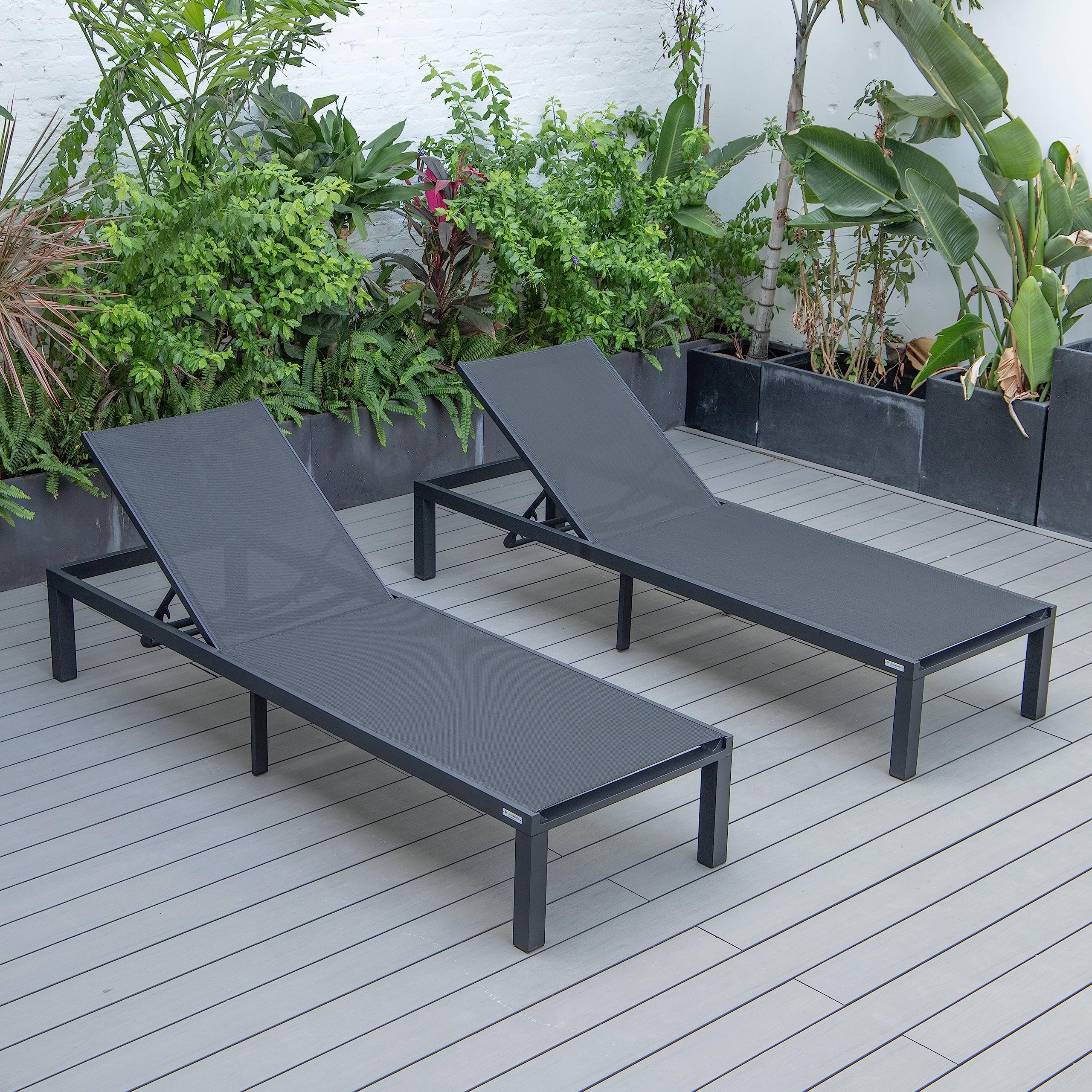 LeisureMod Marlin Poolside Outdoor Patio Lawn and Garden Modern Black Powder Coated Aluminum Frame Suntan Sling Chaise Lounge Chair, Set of 2