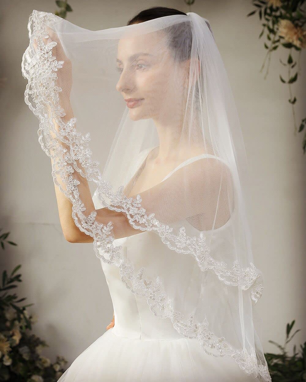EllieWely 2 Tiers 2 T Short Fingertip Length Sequin Lace Bridal Wedding Veil Ivory