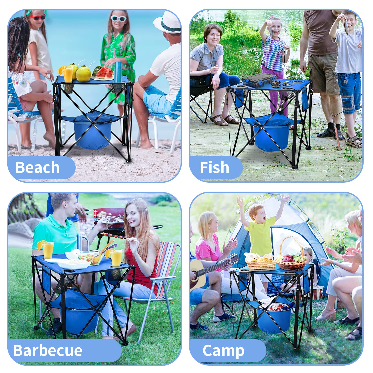 ELUTENG Folding Camping Table with Cooler Portable Camping Table with 4 Cup Holder Lightweight Compact Folding Picnic Table with Storage Bag for Picnic, Fishing, Hiking, Barbecue