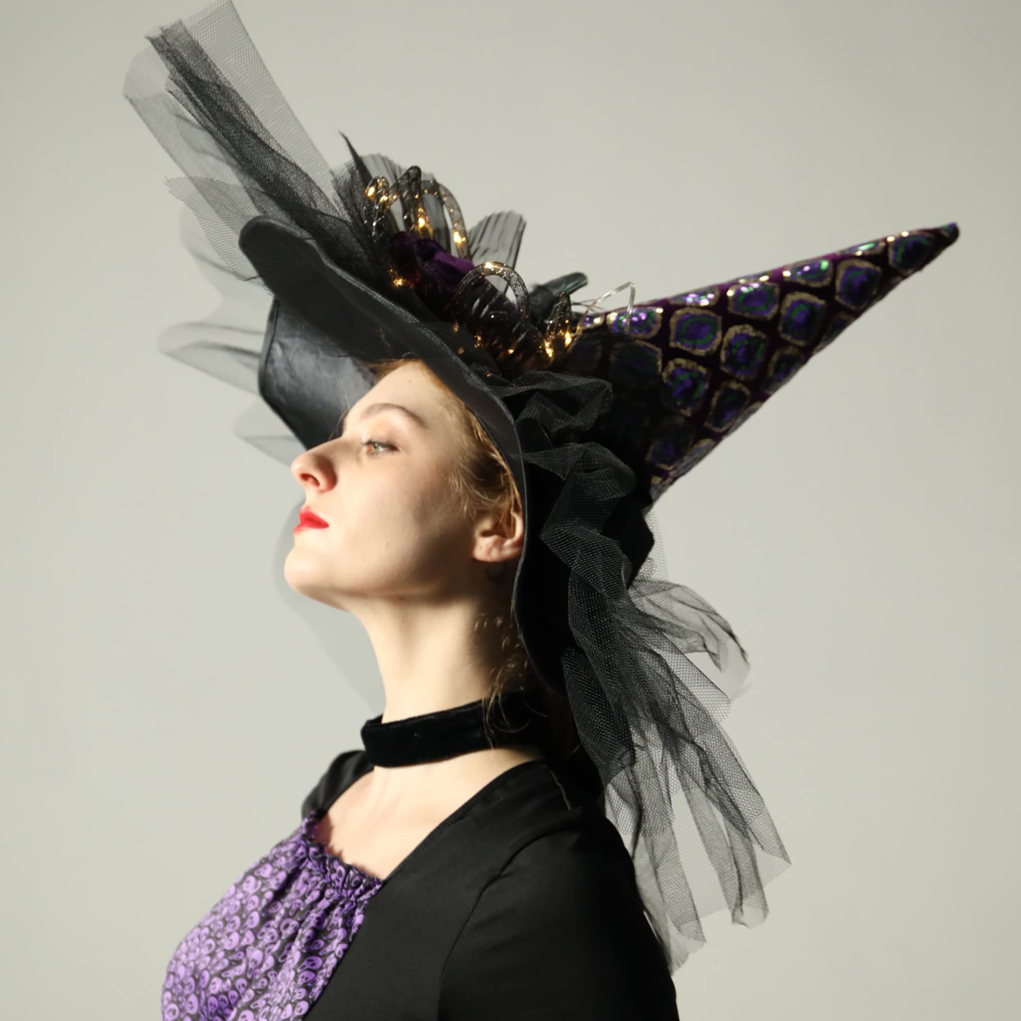 QinYing Purple Halloween Costume Witch Hats for Women Steeple Top with LED Lights for Party Purple