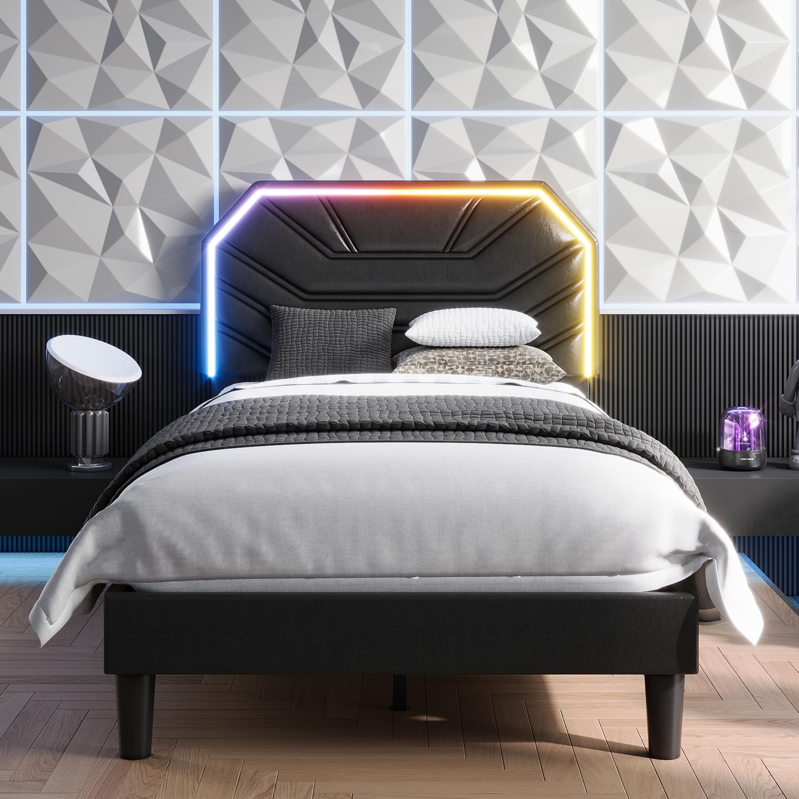 LIKIMIO Twin Bed Frames with Lighted Headboard, Upholstered Modern Cama Twin Platform Bed with Heavy Duty Supports, No Box Spring Need, Noise Free, Easy Assembly, Black