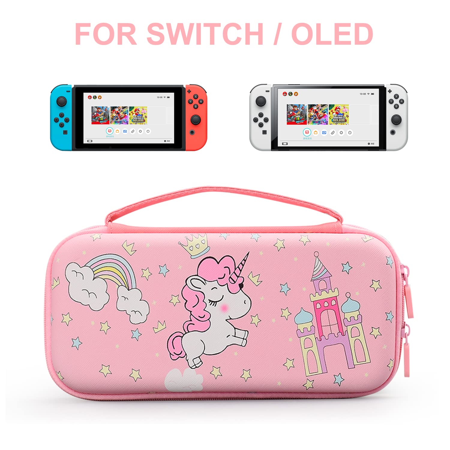 EMOZNY Switch OLED Case,Unicorn Switch Accessories for Girls,Cute Carrying Case for Nintendo Switch OLED Hard Shell Pink