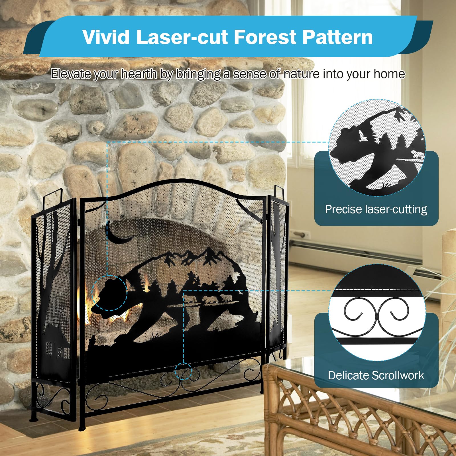 IRONWALLS 3-Panel Folding Fireplace Screens Decorative, 47.6” x 31.4” Metal Bear Fireplace Screens Fire Screen Gate Fence Spark Guard Kid Proof, Heavy Duty Fireplace Screen Black for Home Farmhouse
