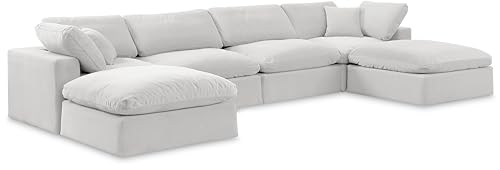 Meridian Furniture 189Cream-Sec6B Comfy Collection Modern | Contemporary Upholstered Modular Sectional, Soft Cream Velvet, Down Feather Cushions, 158" W x 79" D x 34.5" H, Cream