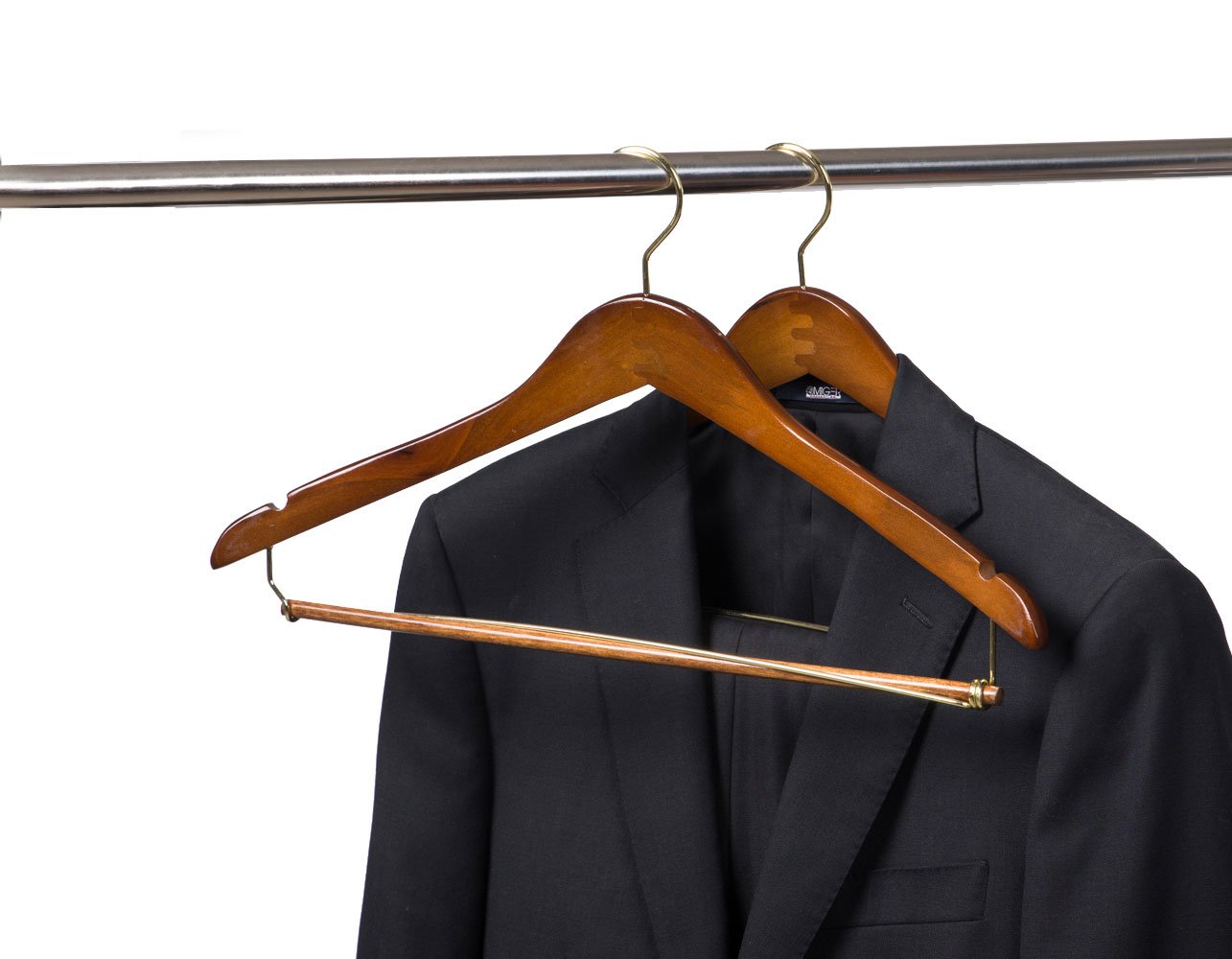 Quality Hangers Wooden Hangers Beautiful Sturdy Suit Curved Hangers Great for Travelers Heavy Duty Coat Hanger with Locking Bar Gold Hooks (5 Pack)
