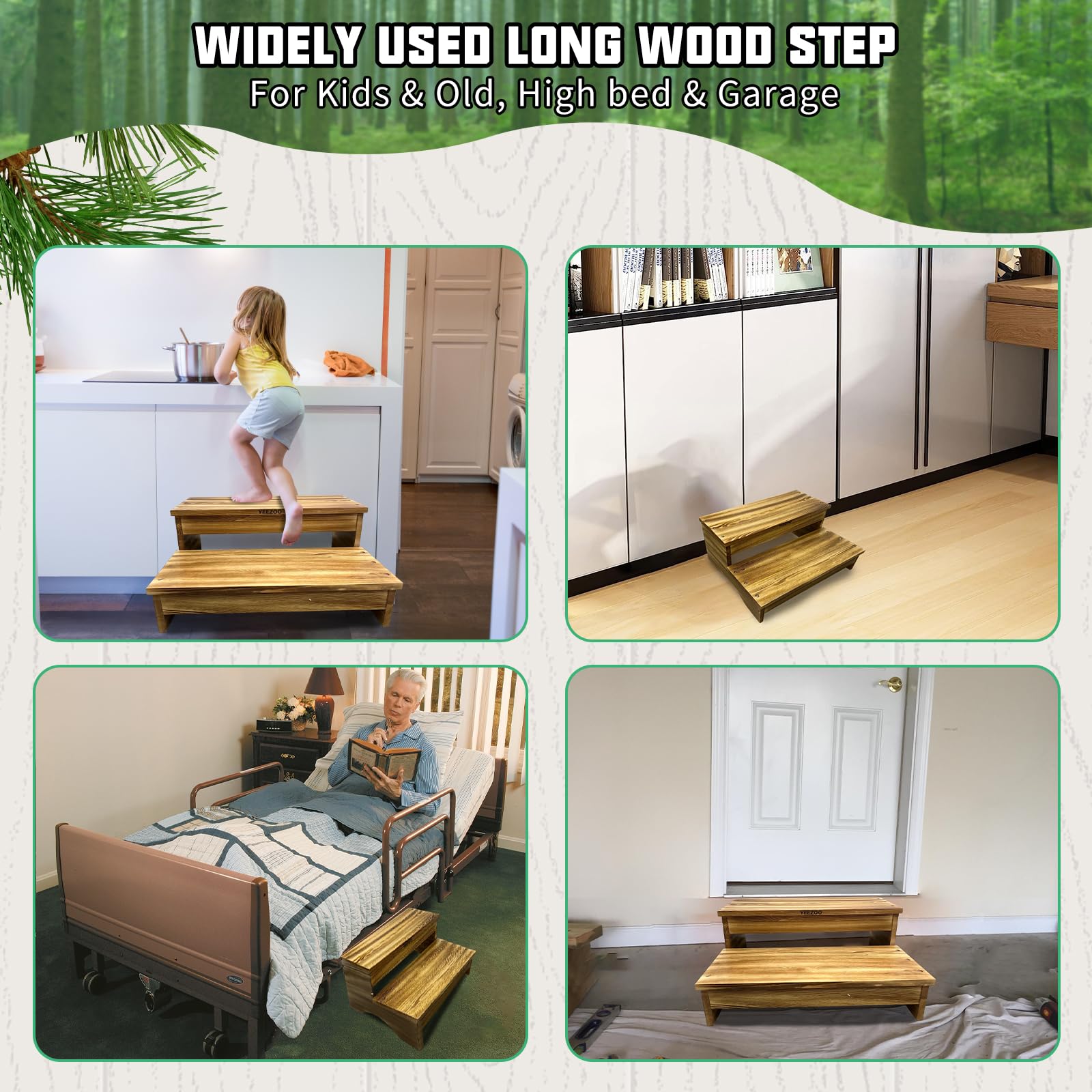 Long wooden step stool, 2 steps wood stool with non-slip pads for kitchen high bed for kids, adults and elderly (26.8" L*20.1" W*11.8" H)