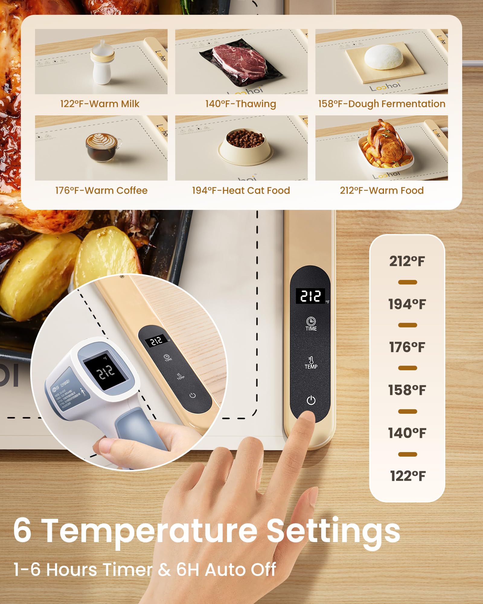 LOOHOI Food Warming Mat,Full Surface Heating Electric Warming Tray with 6 Temperature Settings & Fast Heating, Silicone Roll Up Food Heating Mat Food Warmers for Parties Gatherings Everyday Use
