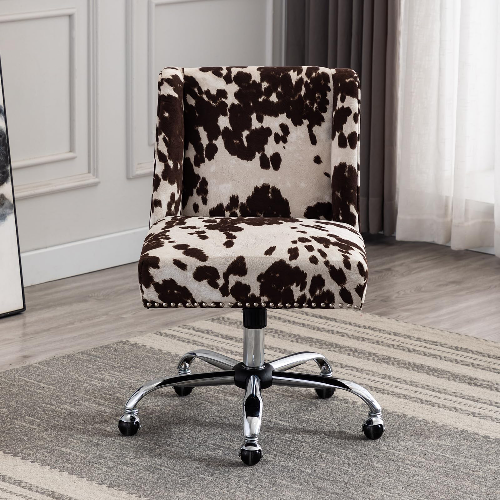 Janoray Home Office Desk Chair, Modern Swivel Height Adjustable Computer Chair, Comfy Upholstered Armless Accent Chair for Reading/Living Room/Small Space, Cow Fabric & Chrome Base