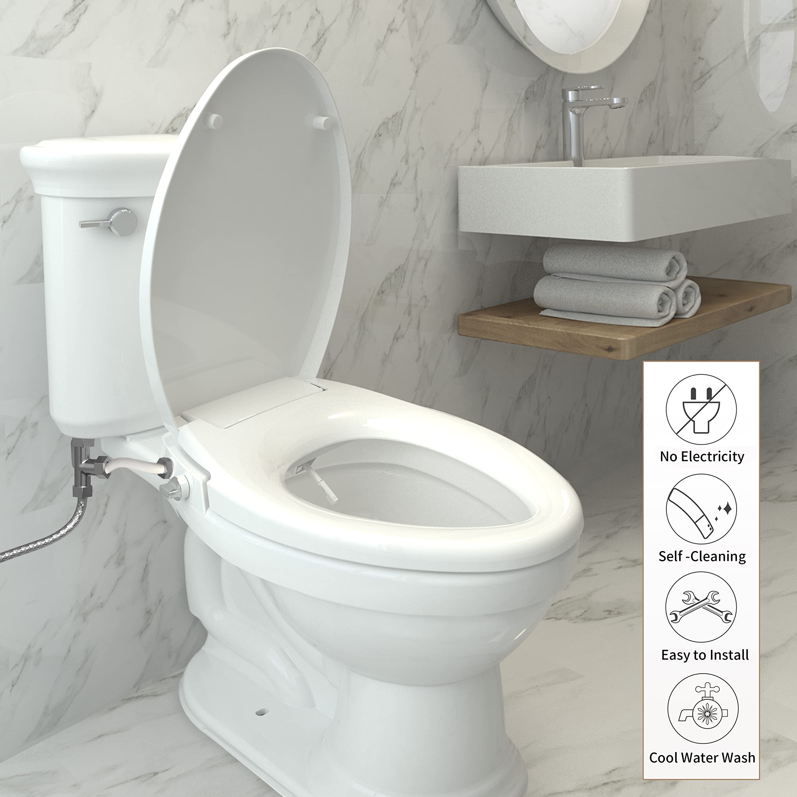 R&T Non-Electric Bidet Toilet Seat Elongated Self-Cleaning Dual Spray Nozzles for Rear & Feminine Wash