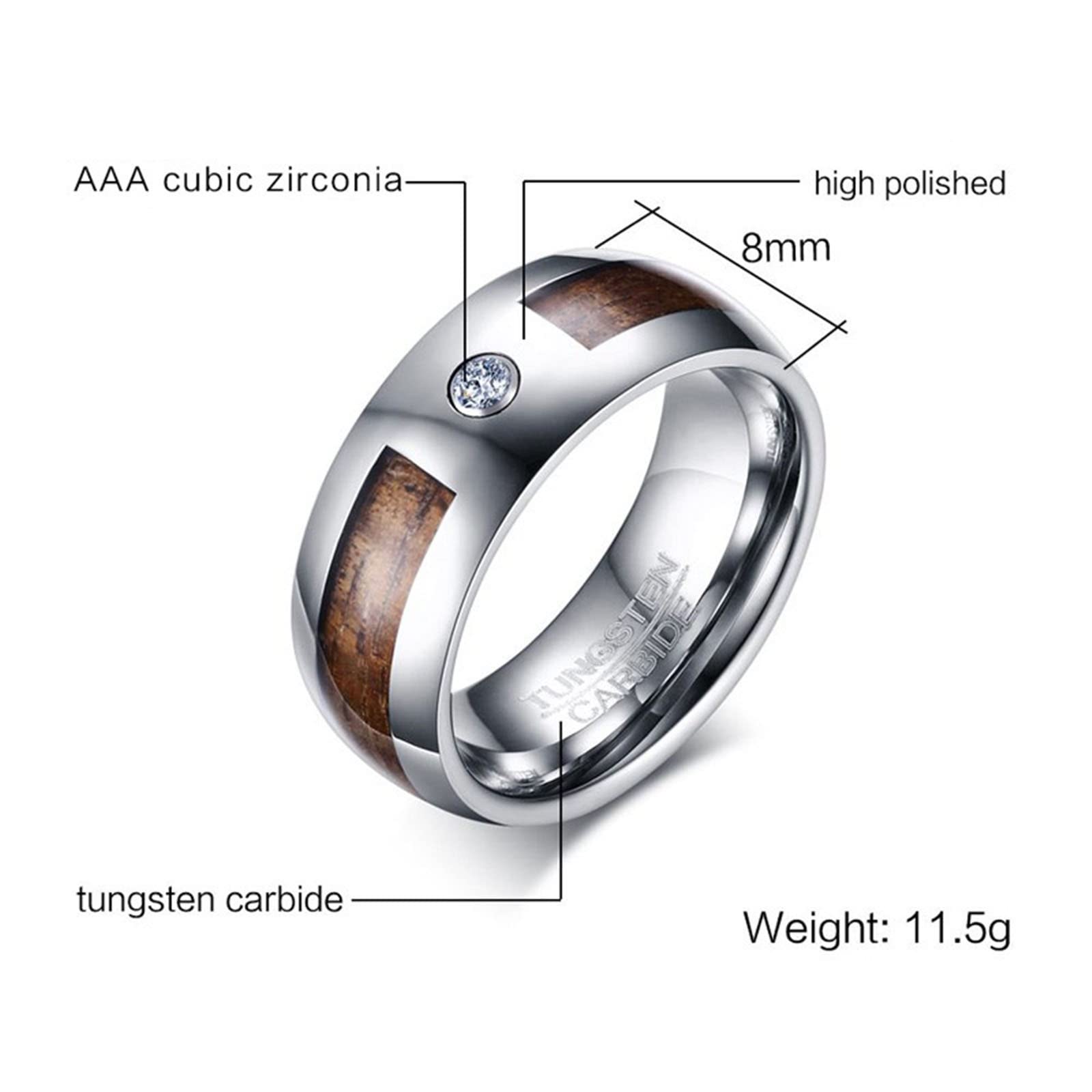 Epinki Wedding Rings Silver, 8MM Tungsten Ring with Wood Inlay White Round Cubic Zirconia Band Ring 2PCS Couple Rings Women Size 8 & Men Size 12