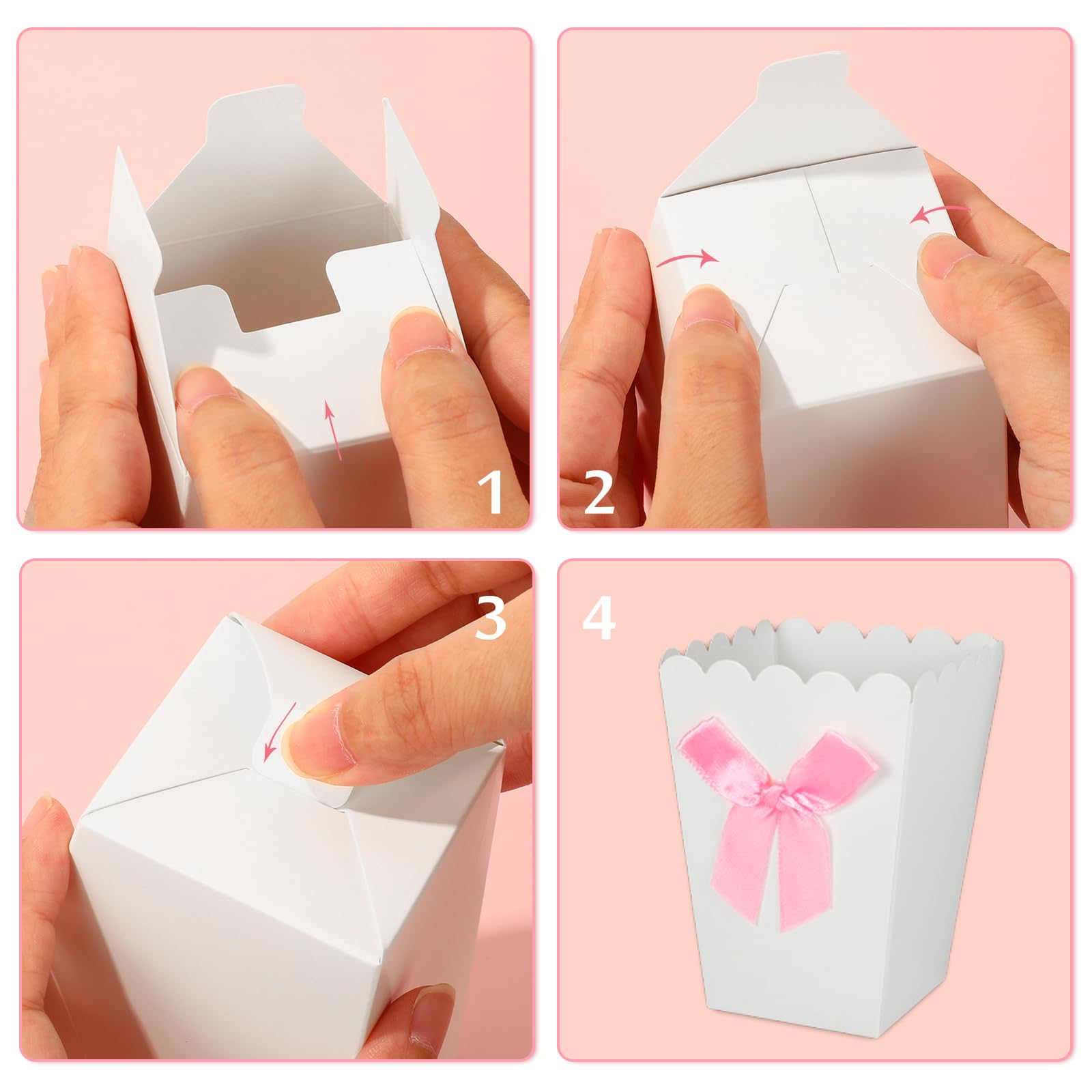JarThenaAMCS 36Pcs Mini Popcorn Boxes White Popcorn Buckets with Pink Bow Paper Candy Favor Boxes Popcorn Treat Boxes for Movie Night Party Supplies, 4.2 x 3 x 2.2 Inch