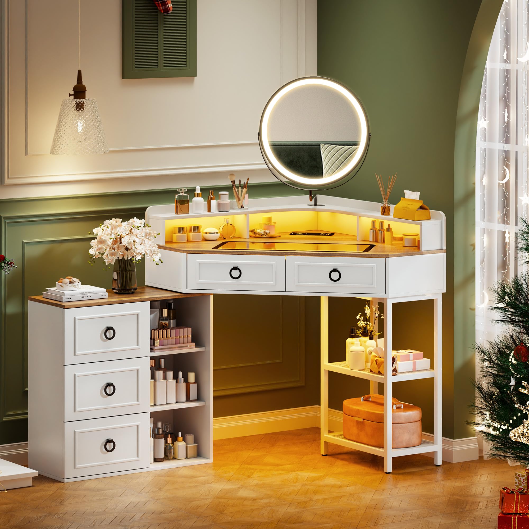 Lvifur Corner Vanity Desk with Mirror and Lights,White Corner Makeup Vanity with Charging Station, 3 Color Led Light Settings, 5 Drawers, and Open Shelves for Bedroom, Women, and Girls