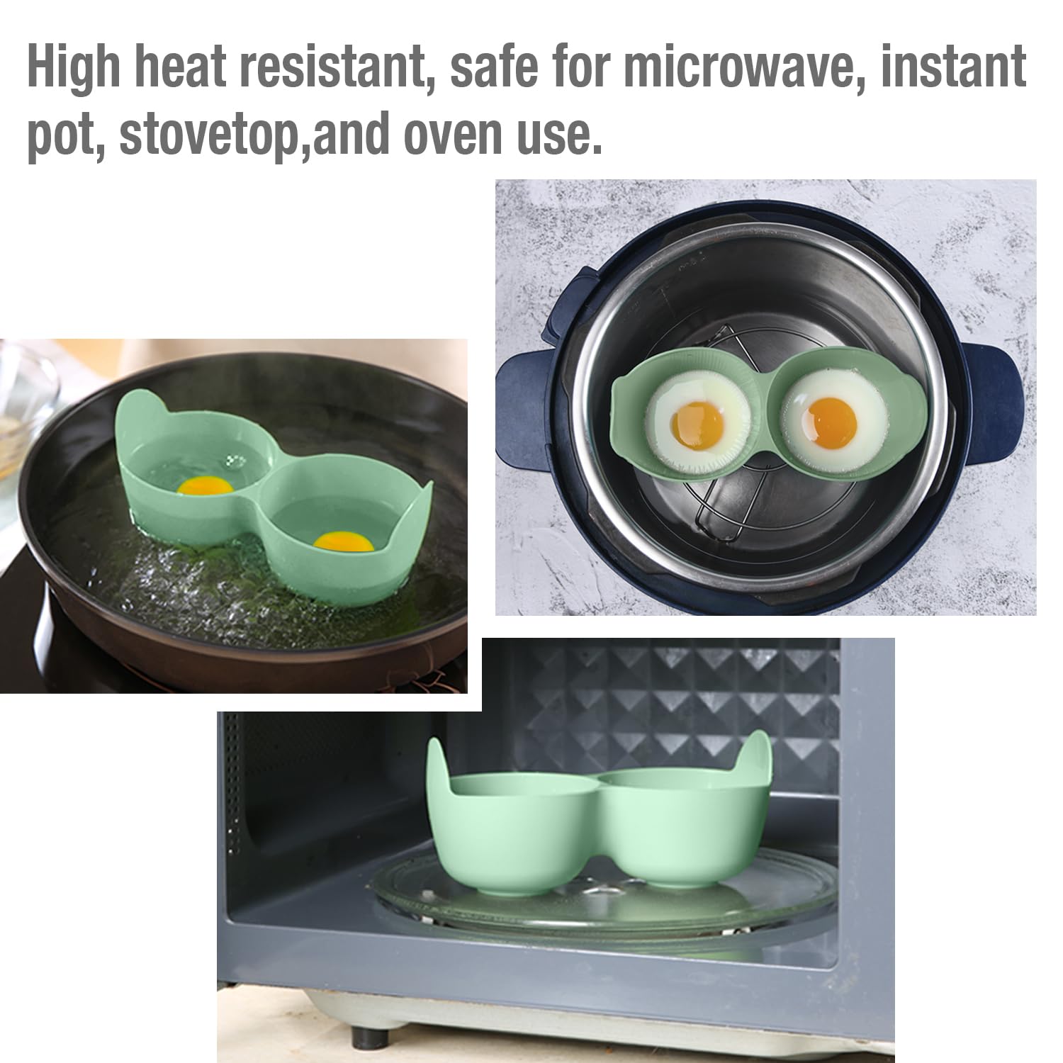 Microwave Egg Poacher, 2 Cavity Silicone Poached Egg Cooker with Lid and Handle for Microwave, Instant Pot and Stovetop, Egg Poacher Cups Kitchen Cooking Tools Dishwasher Safe Pack of 4 (Green)