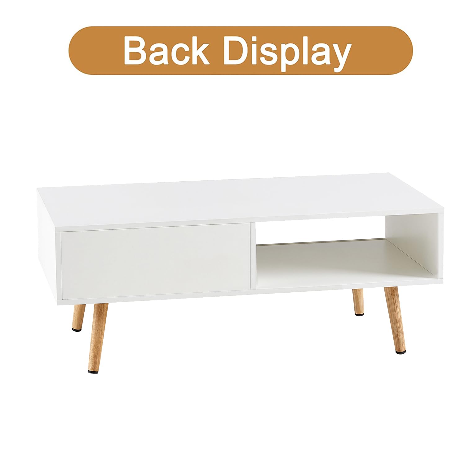 Mid Century Modern Coffee Table with Storage, 41.3 Inch Rectangle Wooden Accent Center Sofa Table with Sliding PE Rattan Woven Door Panel and Solid Wood Legs, Suitable for Living Room, Apartment