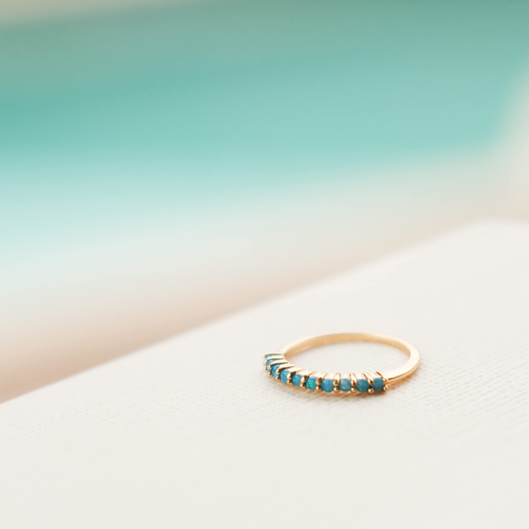 espere Turquoise Blue Opal Ring | Dainty Half Eternity Band with Simulated Opal Gemstones | Minimalist Jewelry Gift for Her [Size 8]