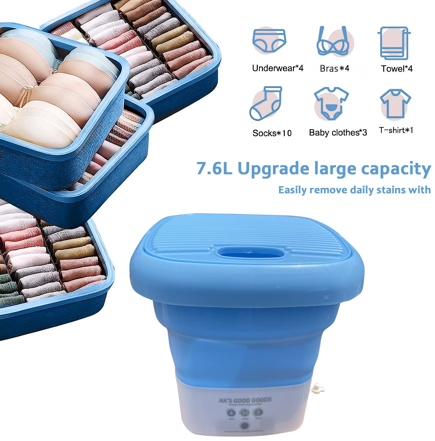 Mini Portable Washing Machine for Underwear, Socks, Bra, Baby Clothes – Space Saving Foldable Washing Machine – Ideal for travel, Hotel, RV, Home, Dormitory, Camping, Truck Drivers