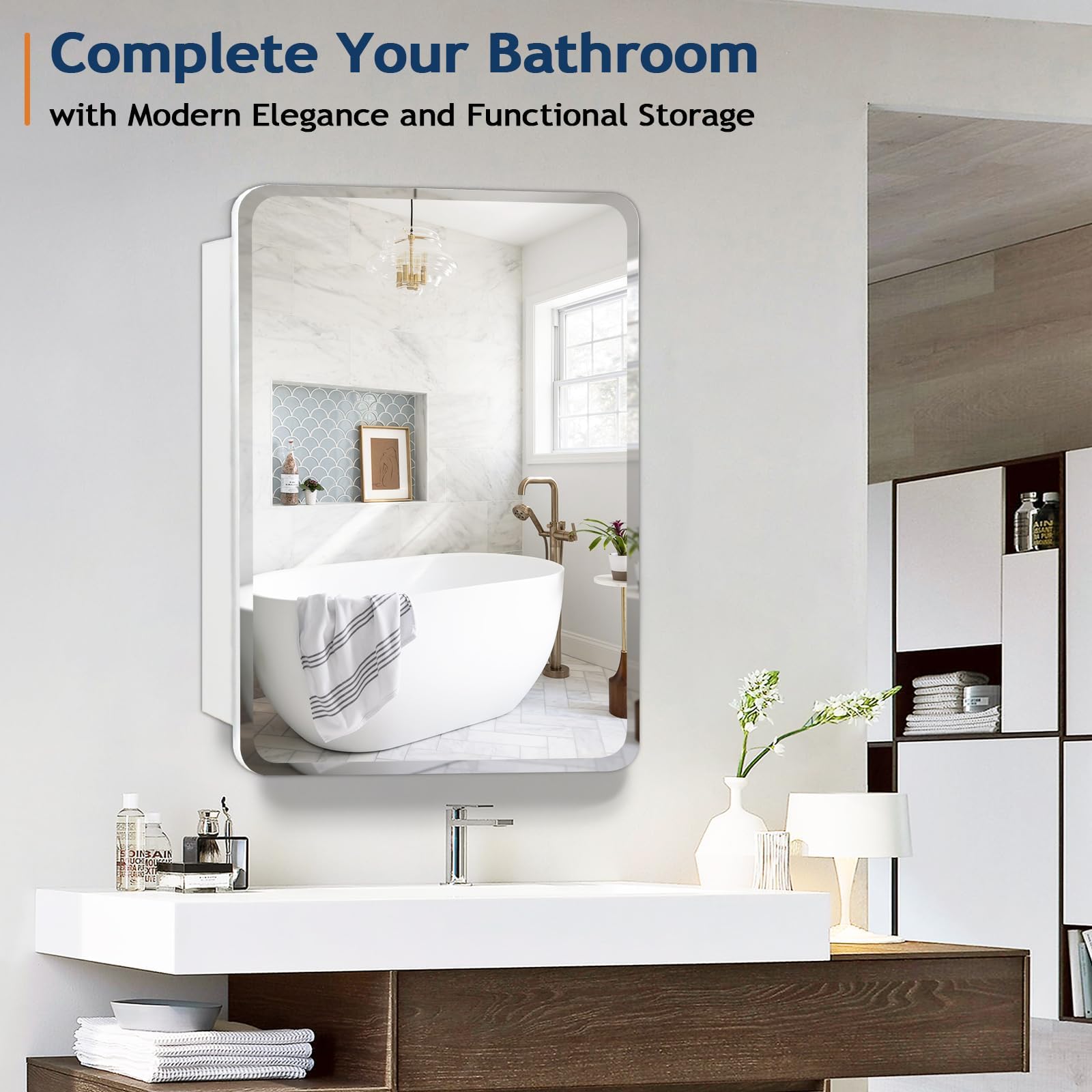 Jesantab White Medicine Cabinet Mirror for Bathroom, 20x30 Inch Recessed Medicine Cabinet or Surface Mount, Frameless Beveled Bathroom Mirror with Storage Modern Farmhouse