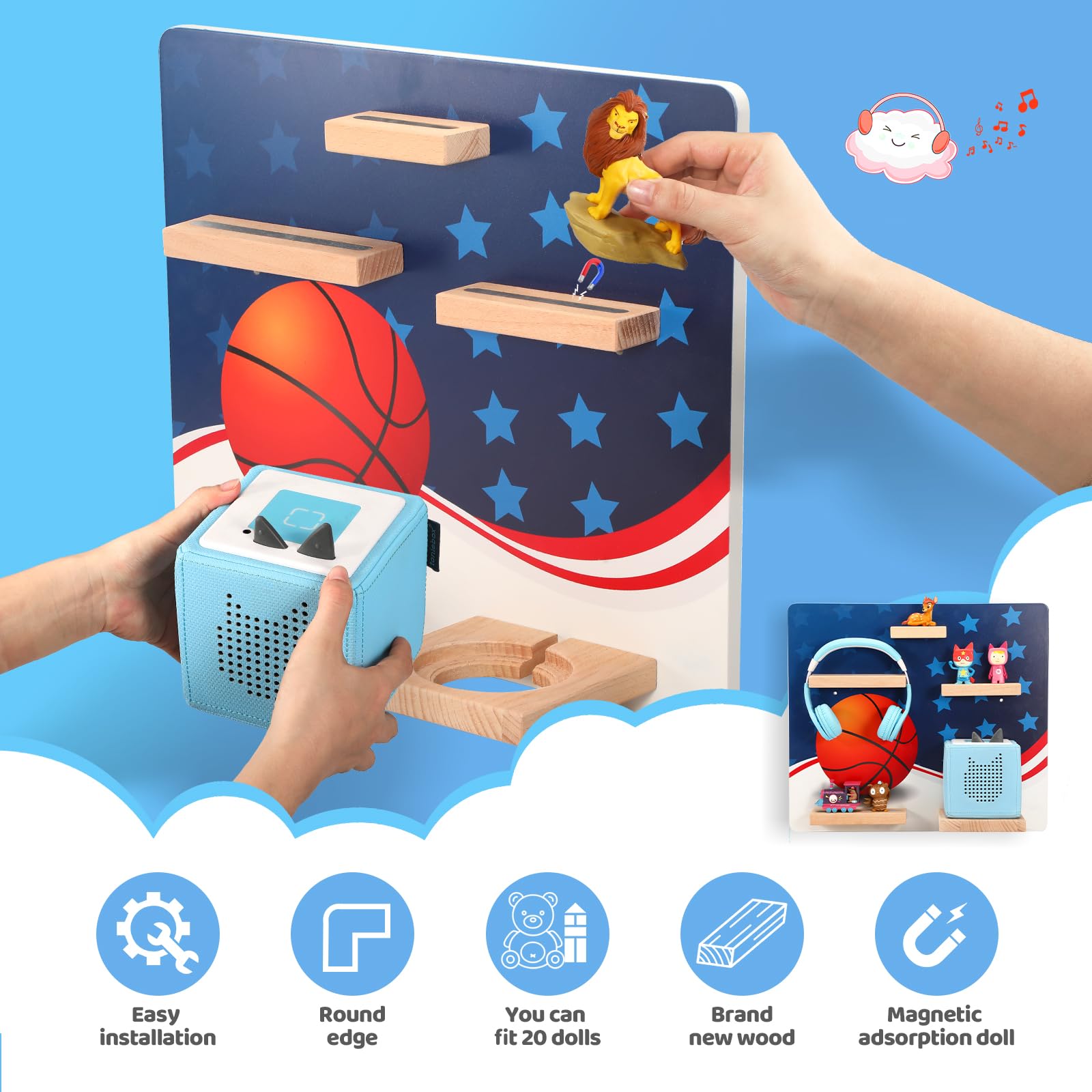 MIOGREN Magnetic Wooden Floating Shelf -with for Toniebox Starter Set(Compatible) Kids Storage Rack,for Toniebox,Headphones,Charging Station and Tonie Figures.(Sun)