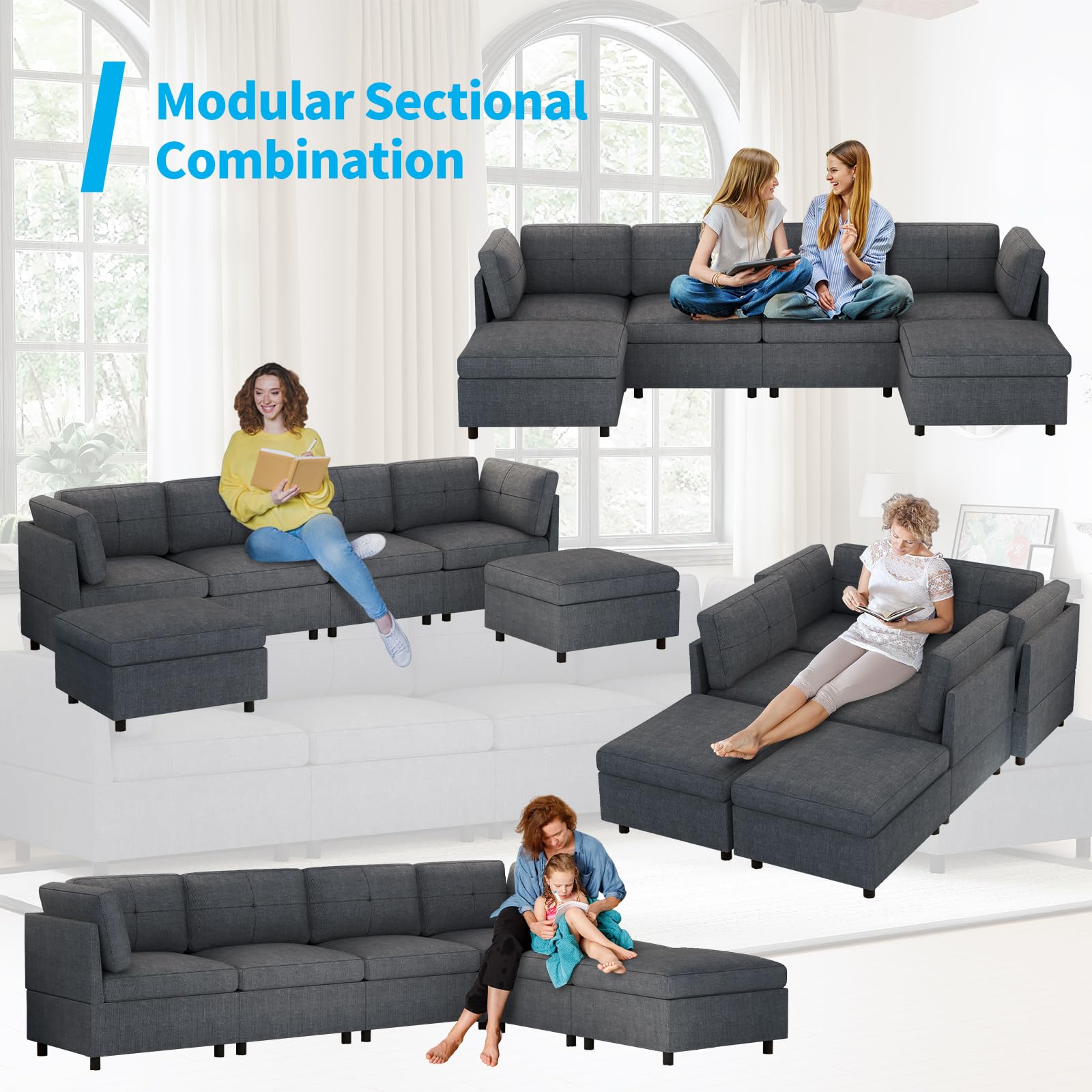 Mjkone Convertible Sofa Couch, Modern U Shaped Sofa with Tufted Back Cushion, 6 Seat Oversized Sectionals Sofa Couch with Ottomans for Living Room/Apartment/Office (Beige)
