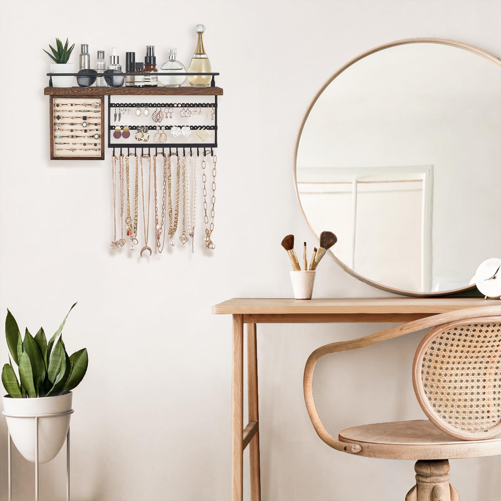 Mkono Hanging Jewelry Organizer Wall Mounted Jewelry Organizer Necklace Holder with Rustic Wood Shelf, Ring Display Box, Ear Studs Earring Holder Bracelet Organizer