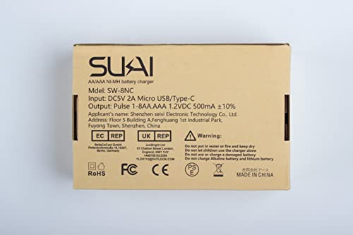 SUKAI Rechargeable AA Batteries with Charger, 8 Count 2800mAh High Capacity and Low-self Discharge 1.2V Ni-MH Double A Batteries, with Smart Battery Charger for AA AAA, USB or Type-C Fast Charging
