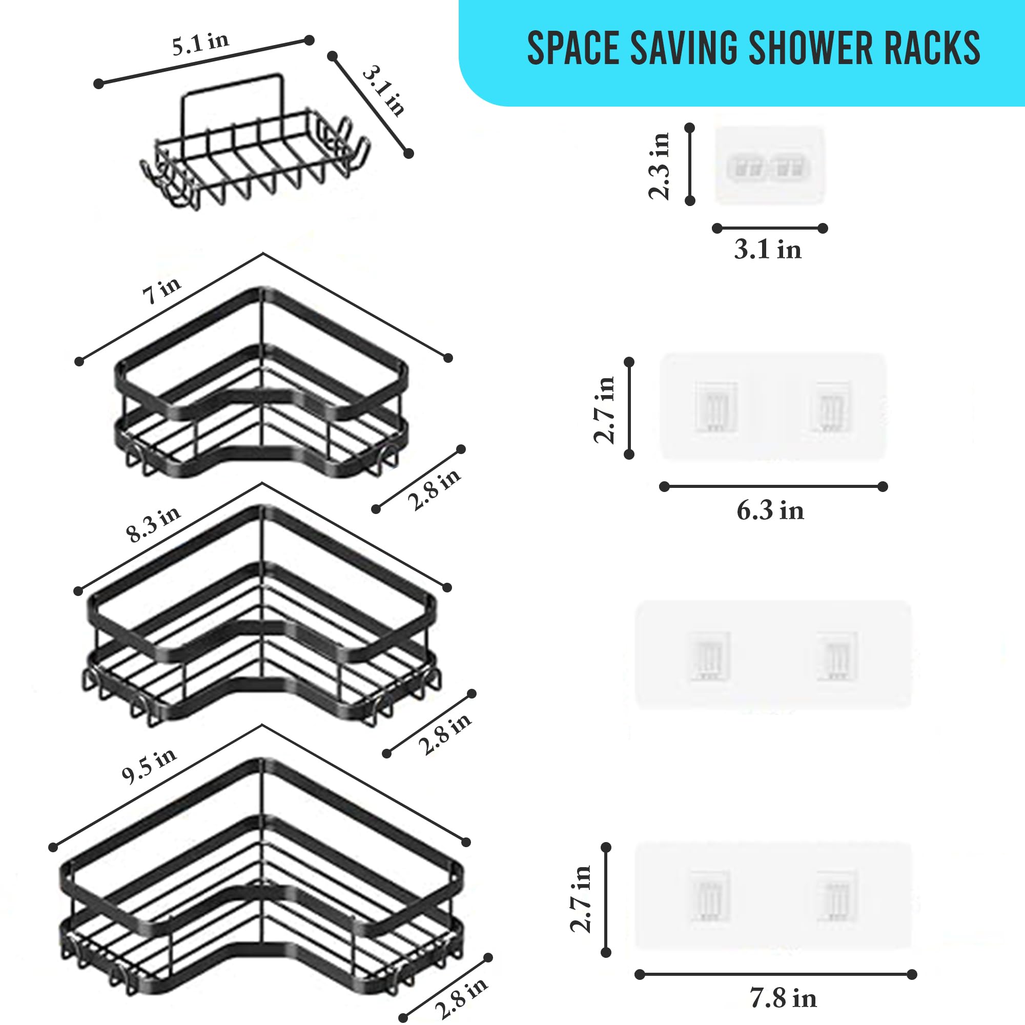Modern Corner Caddy Stainless Steel Shelf for Shower, Adhesive Backing, π΅π¬ πegree Corner Shower Organizer Set with Soap Holder & Adjustable Hooks, Storage Shelves for Clutter-Free Washroom- Black