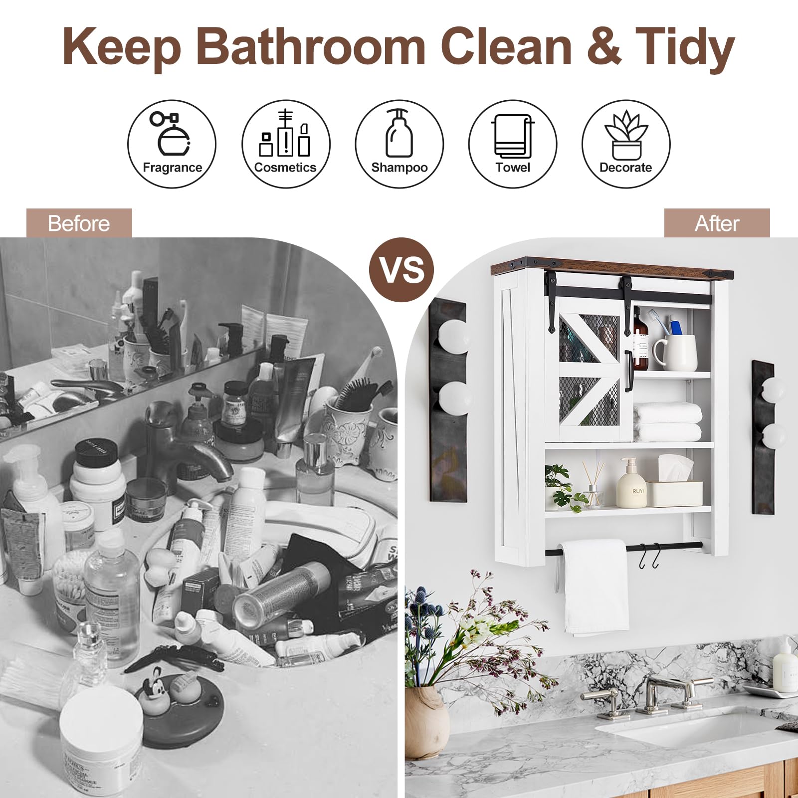 JoanKaren Bathroom Cabinet Wall Mounted with Towel Bar, Over Toilet Cabinet, Medicine Cabinet with Sliding Door Adjustable Shelves, Hanging Storage Cabinets for Bathroom Laundry Room Kitchen, White