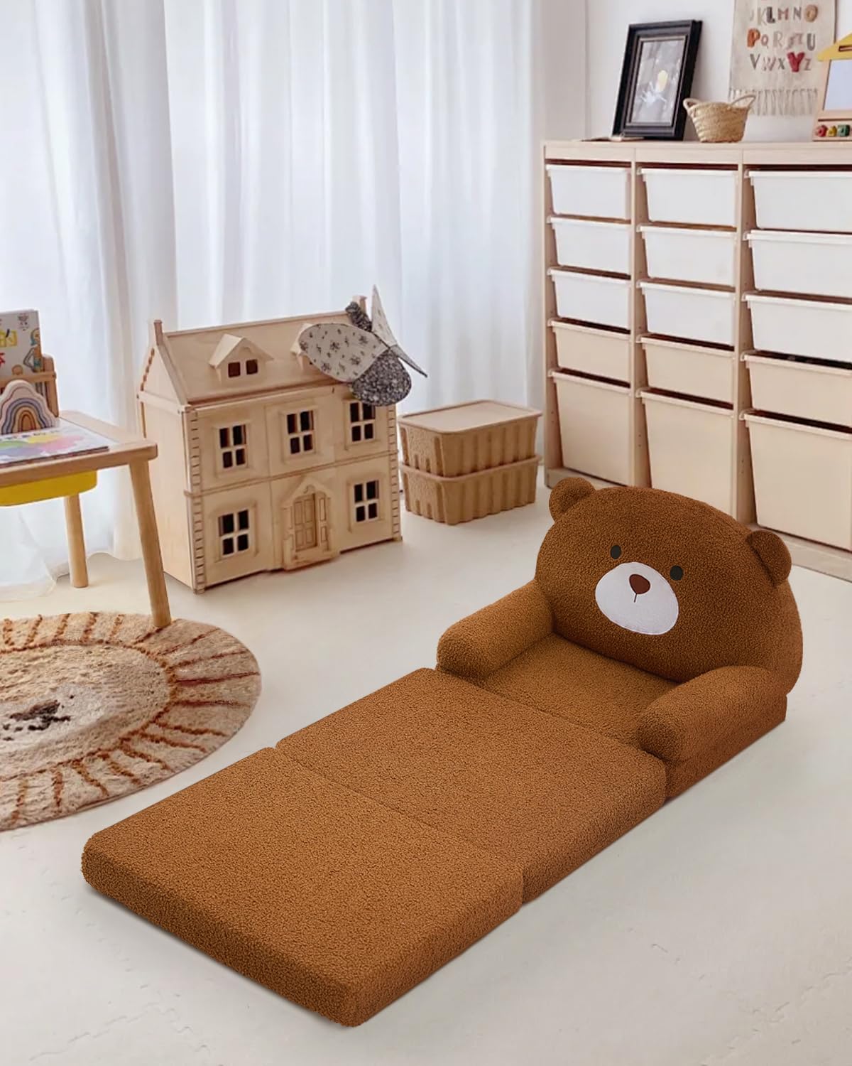 MOONBEEKI Comfy Toddler Chair, Kids Couch Fold Out to Lounger, Foldable Baby Sofa Plush for Girl and Boy Age 18 Months and Up ( Brown Bear)