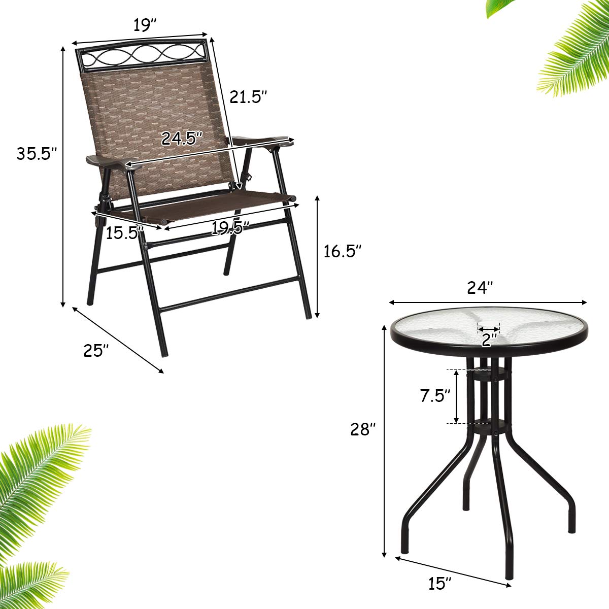 renatone 3 Piece Patio Bistro Set, Outdoor Bistro Dining Furniture Set Table & Folding Chairs for Garden, Pool, Backyard, Tempered Glass Tabletop with Umbrella Hole