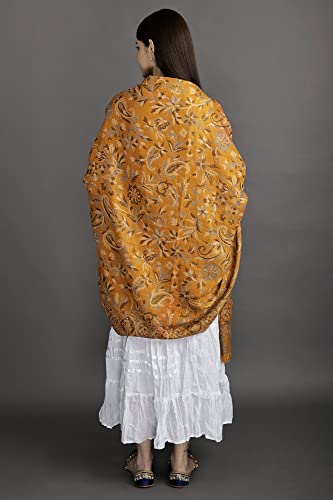 Exotic India Reversible Jamawar Shawl from Amritsar with Woven Flowers - Wool - Color Butterscotch