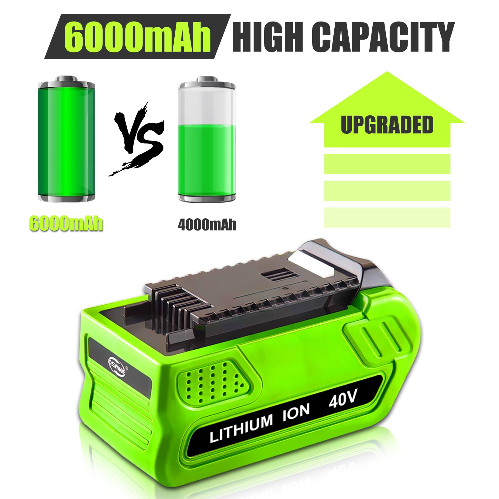 Replacement Battery for Greenworks 40V Battery 29472 29462 29252 20202 22262 25312 21242 Lithium Battery Compatible with GreenWorks G-MAX 40 Volt Cordless ChainsawTools 【 40V 6000mAh】 (Green)