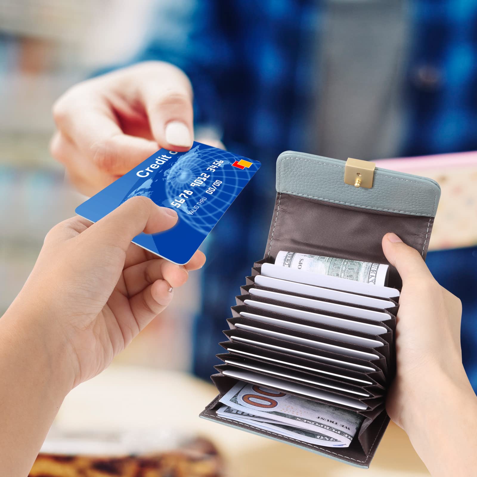 EXT-FAN Credit Card Holders RFID Small Wallet for Women Envelope System Purse Compact Card Cases & Money Organizers (Aqua Blue)