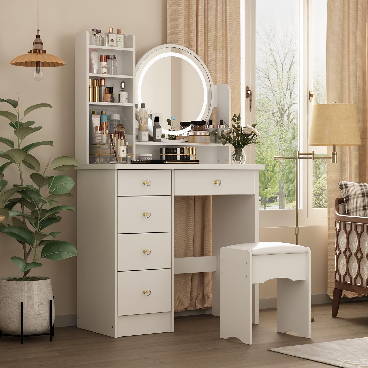 MOUMON Vanity Desk Vanity Mirror Makeup Desk with Lights, Vanity Desk with Mirror and Lights, Makeup Vanity with Drawers and Shelves, Crystal Handles, Cushion Stool, White