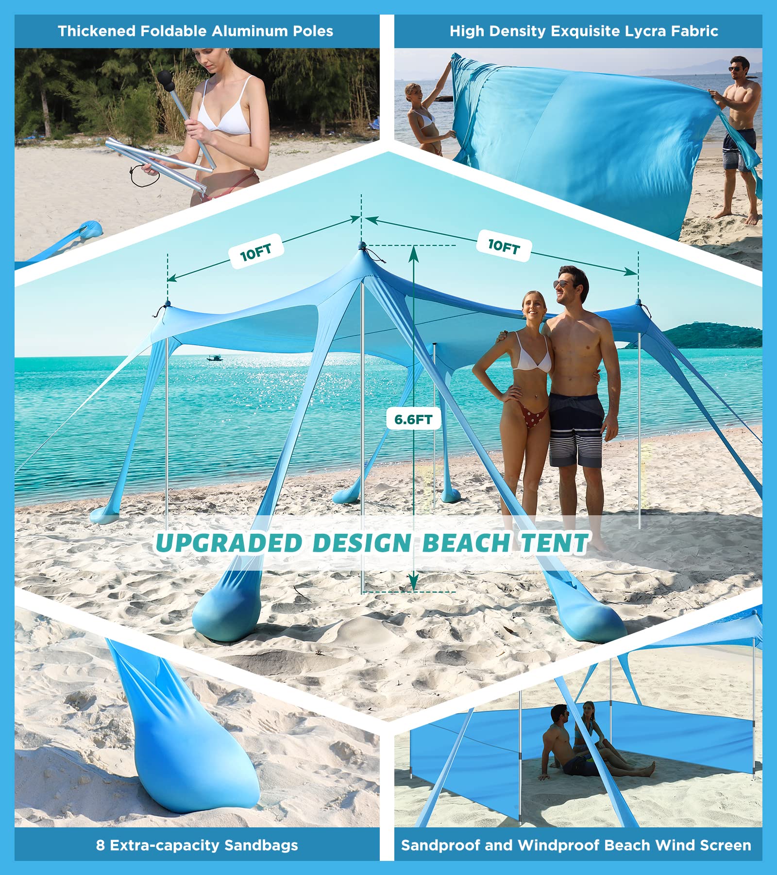 EYEFAME UPF50+ Anti-Wind Beach Tent with Sandproof Private Beach Wind Screen, Stable 8 Sandbags Design Beach Canopy Sun Shade with Carrying Bag, Portable Easy Assemble Sun Shelter for Outdoor Camping