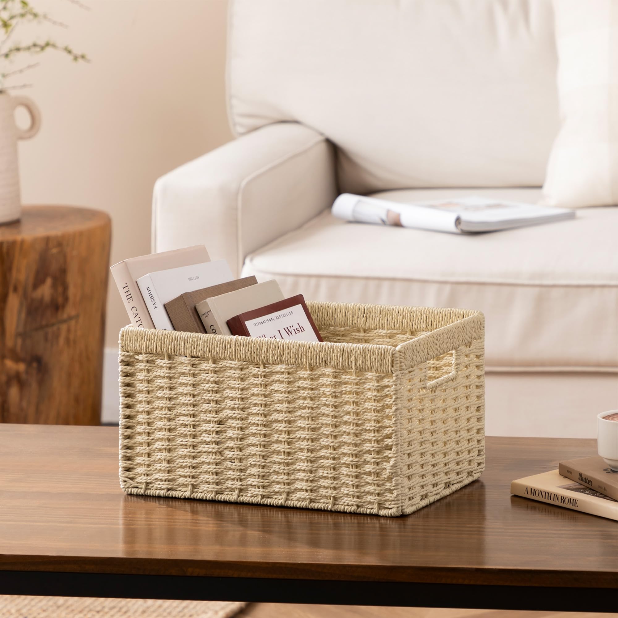 joybest Wicker Storage Baskets, Rectangular Storage Baskets with Built-in Handles, Paper Rope Baskets for Shelves Living Room Indoor Home Organizing