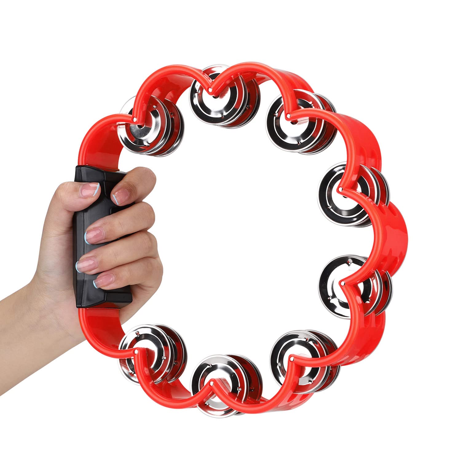 Facmogu 2 Pack Double Row Handheld Percussion Tambourine, Hand Tambourine Bells Music Instrument - Red