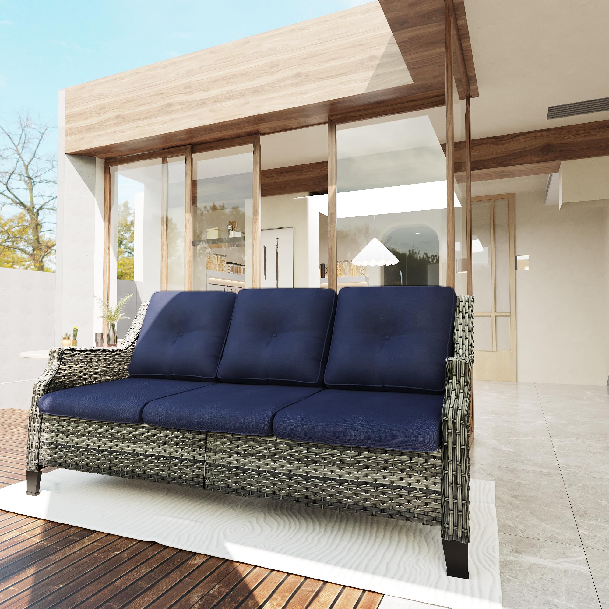 Joyside Outdoor Patio Couch Wicker Sofa - 3 Seater Rattan Sofa for Outside Patio Garden with Deep Seating and Olefin Cushions(Mixed Grey/Dark Blue)