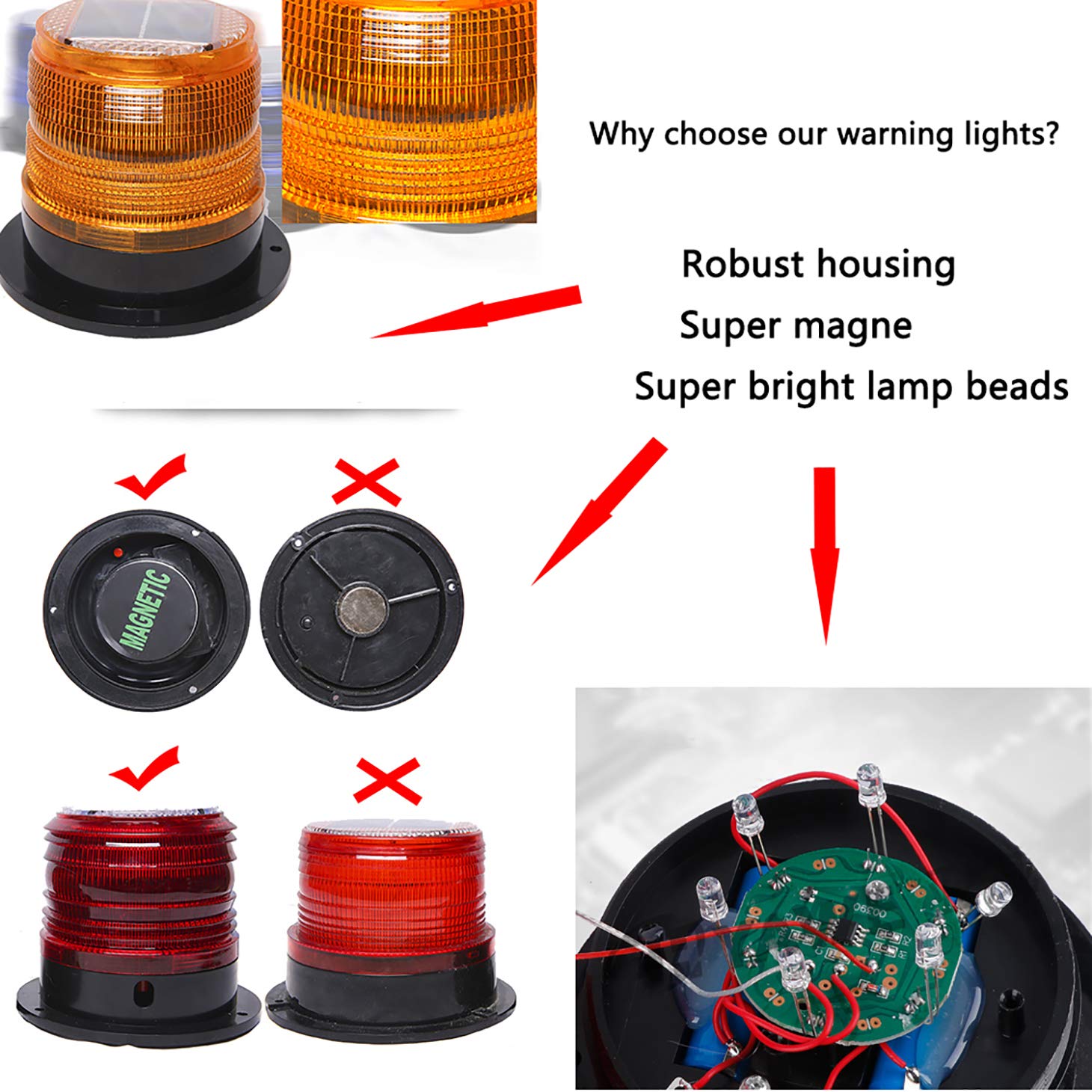 RISOON Solar Strobe Warning Safety Flashing Light/Ceiling Strobe Light, with Strong Magnetic Base Waterproof for Construction, Traffic, Factory, Crane Tower, Boat Navigation (Red+Blue)