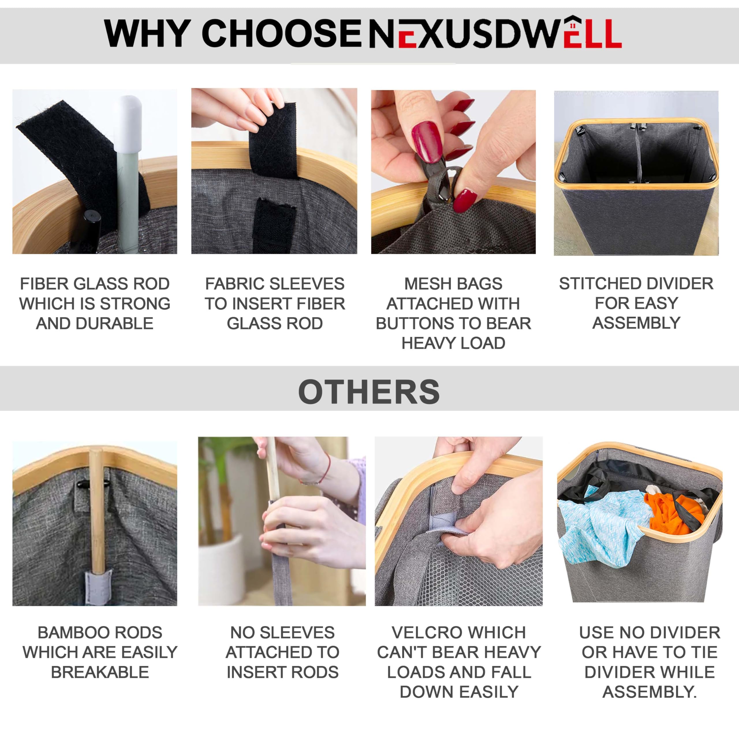 Nexusdwell 150L Large Laundry Hamper 2 Section with Removable Bags & Bamboo Handles- Sturdy Double laundry Basket with Lid and Divider- Grey Dual Laundry Hampers for Bedroom-Double Hamper