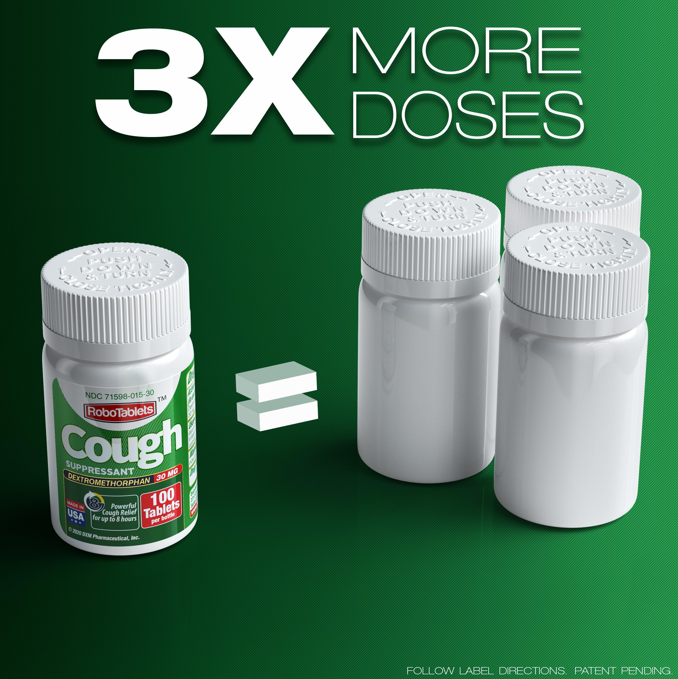 RoboTablets Cough Suppressant, Dextromethorphan 30mg, 100 Doses, 100 Tablets, 5mm Diameter Tablets for Cough Relief
